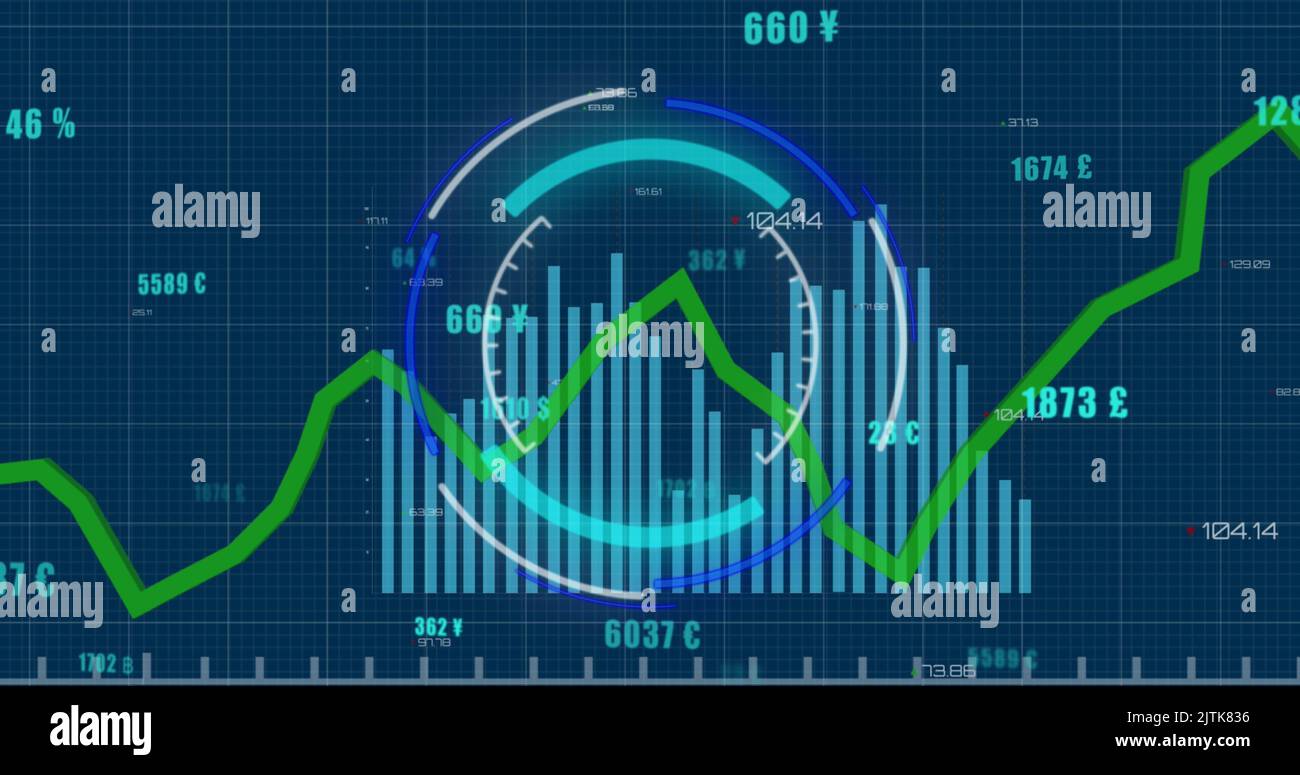 Image of round scanner over statistical data processing against blue ... Image of round scanner over statistical data processing against blue ...