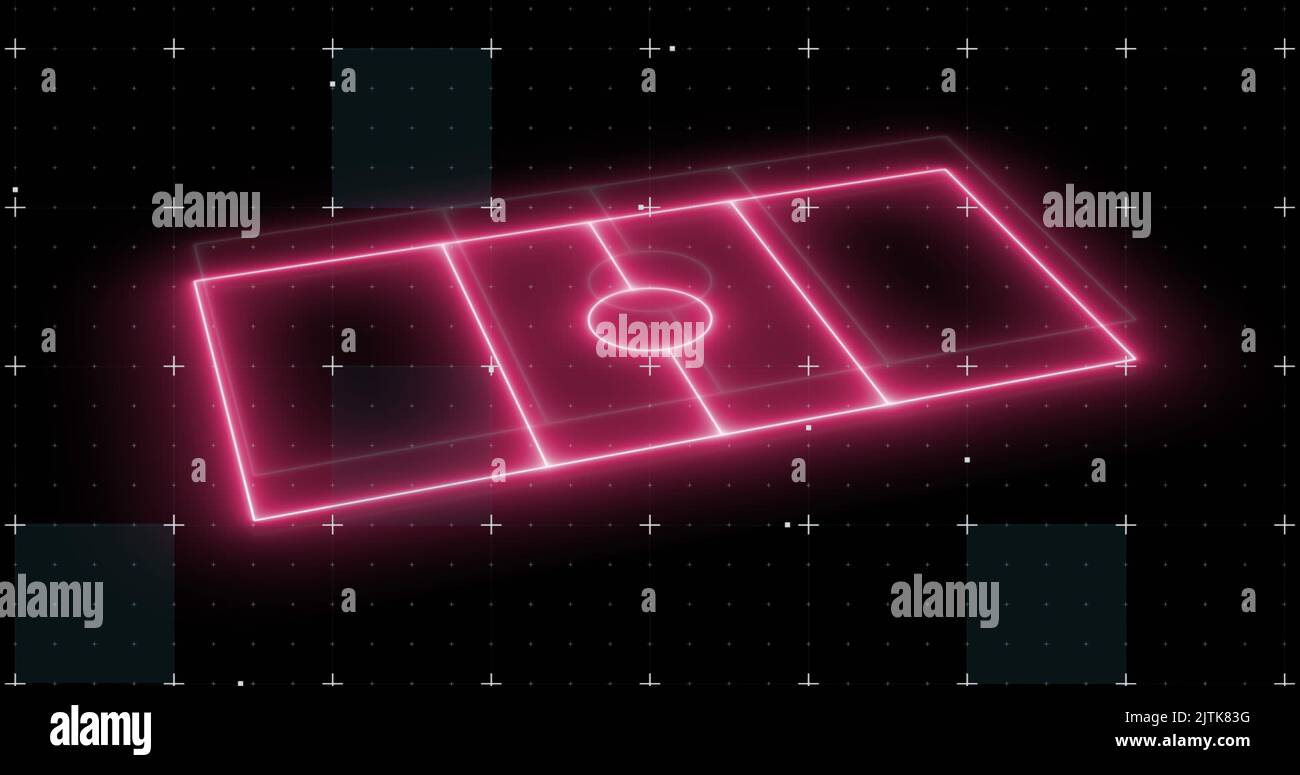 Image of plus signs over computer graphic 3d neon soccer field on ...