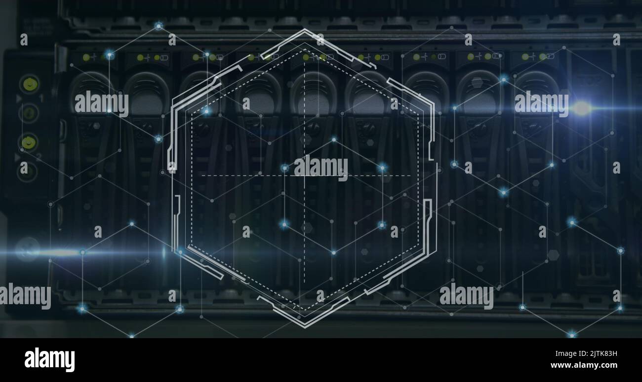 Image of moving shapes over server room Stock Photo - Alamy