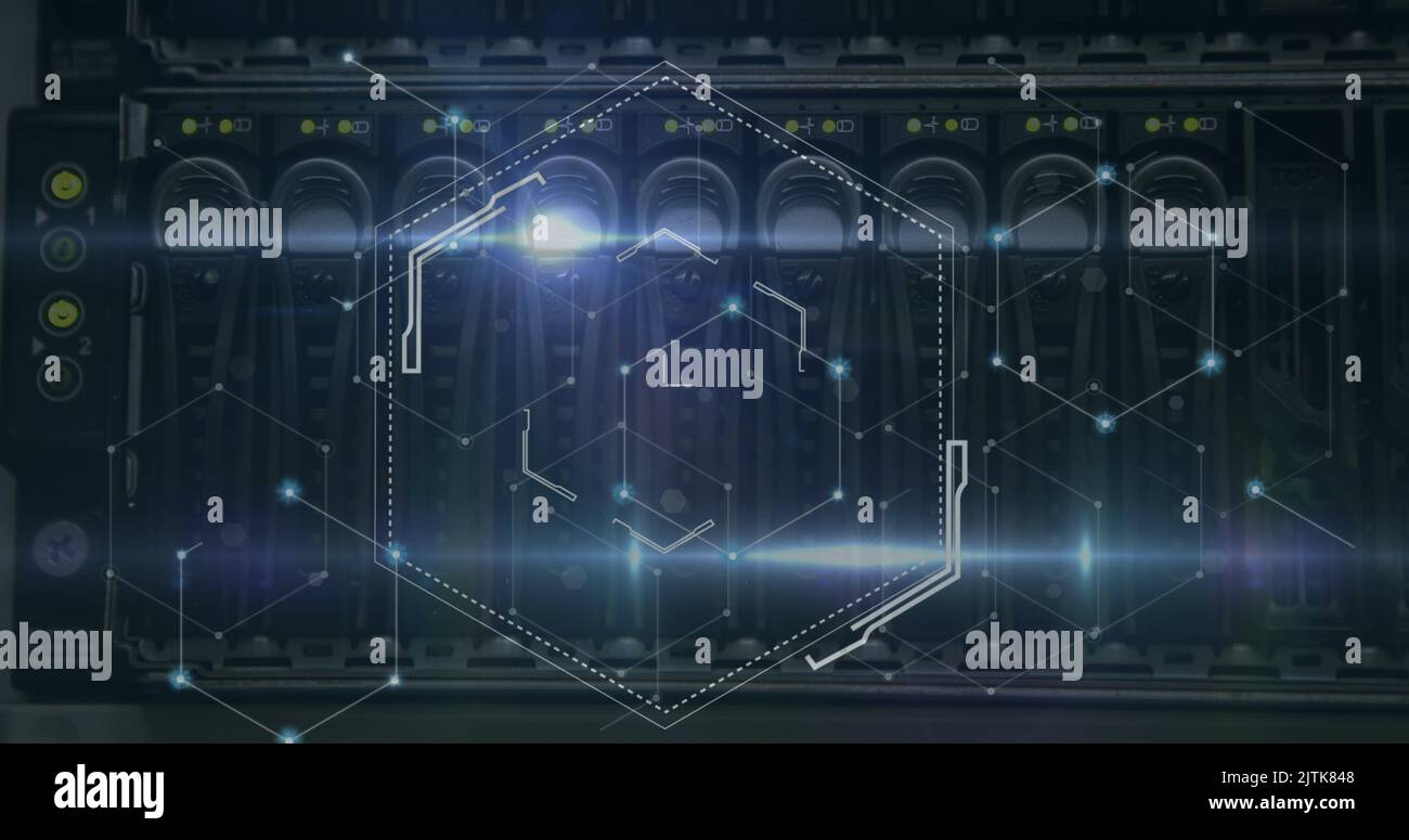 Image of moving shapes over server room Stock Photo - Alamy