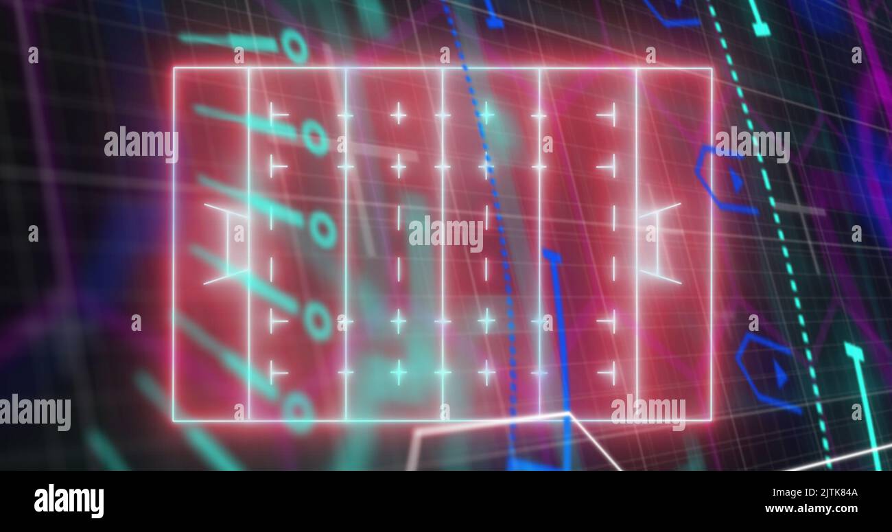 Image of 3d neon soccer field with plus, minus signs over hud ...