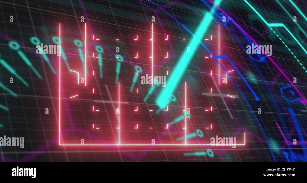 Image of 3d neon soccer field with plus, minus signs over hud ...