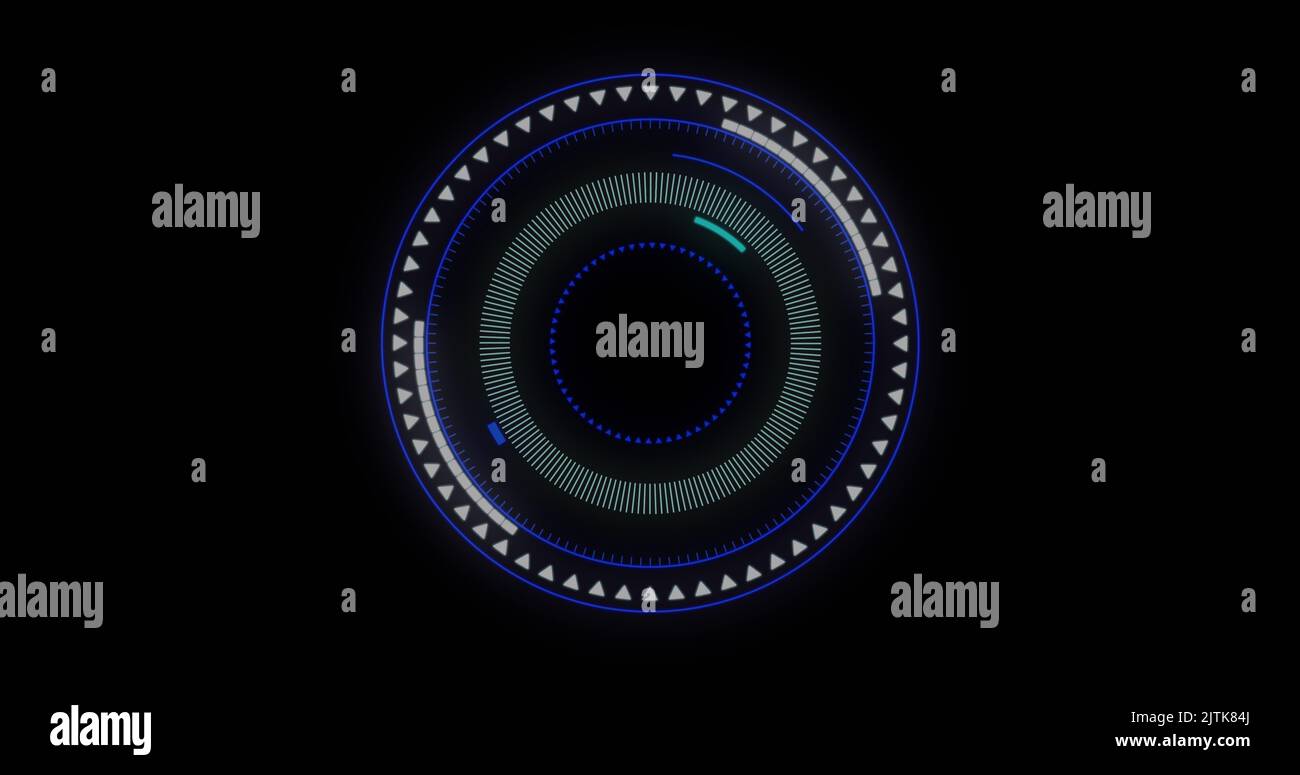Image of round scanner over stock market data processing against blue ...