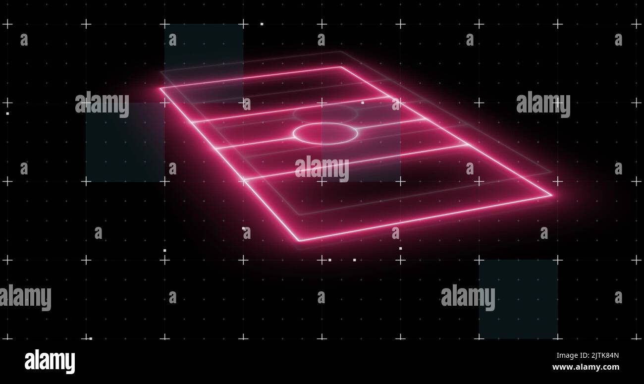 Image of plus signs over computer graphic 3d neon soccer field on ...