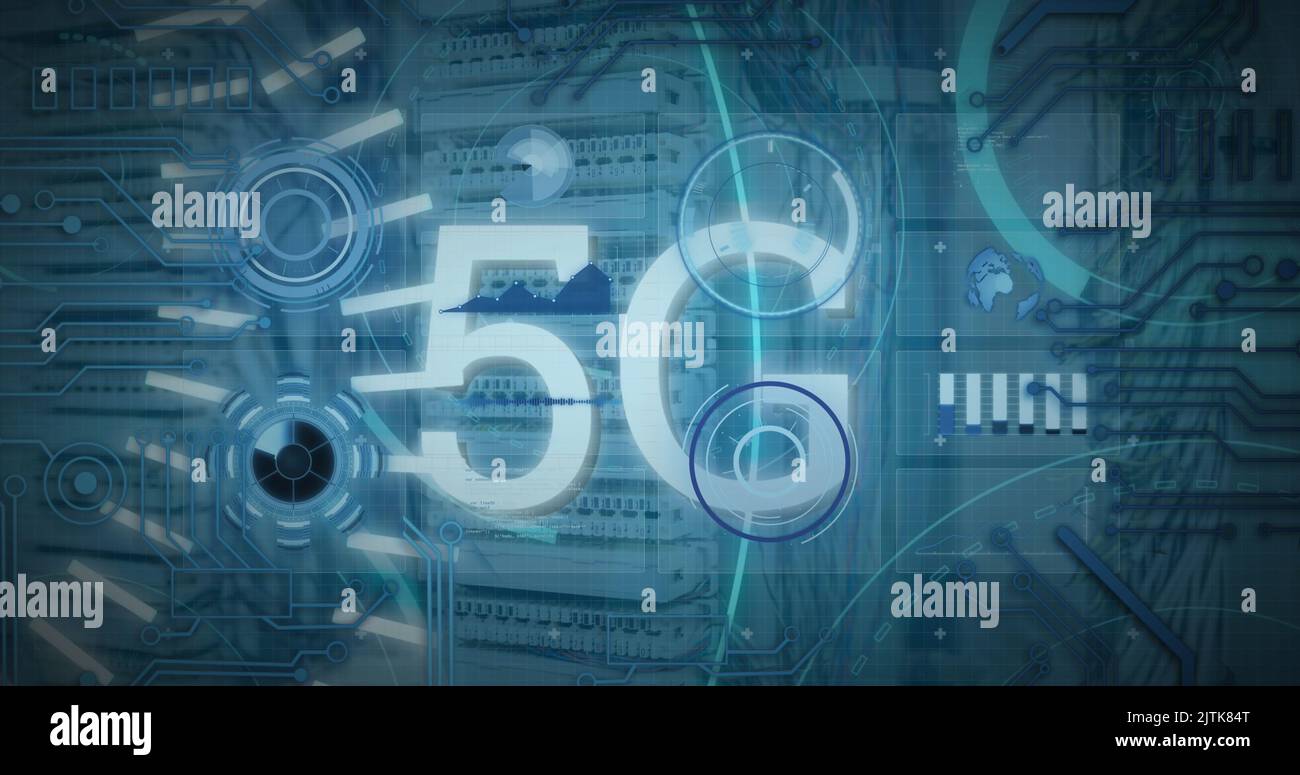 Image of 5g text banner, round scanners and data processing against computer server room Stock ...