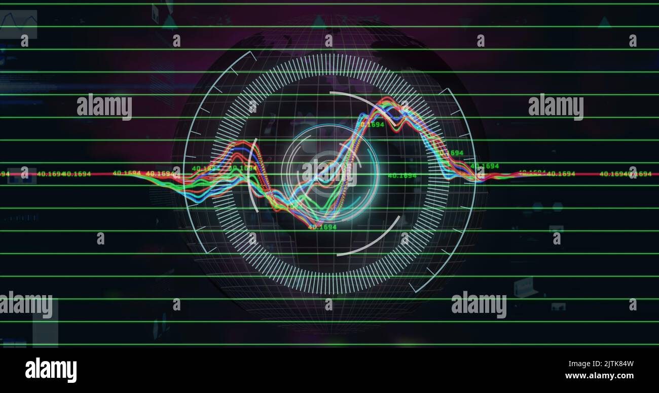 Image Of Round Scanner Spinning Over Statistical Data Processing