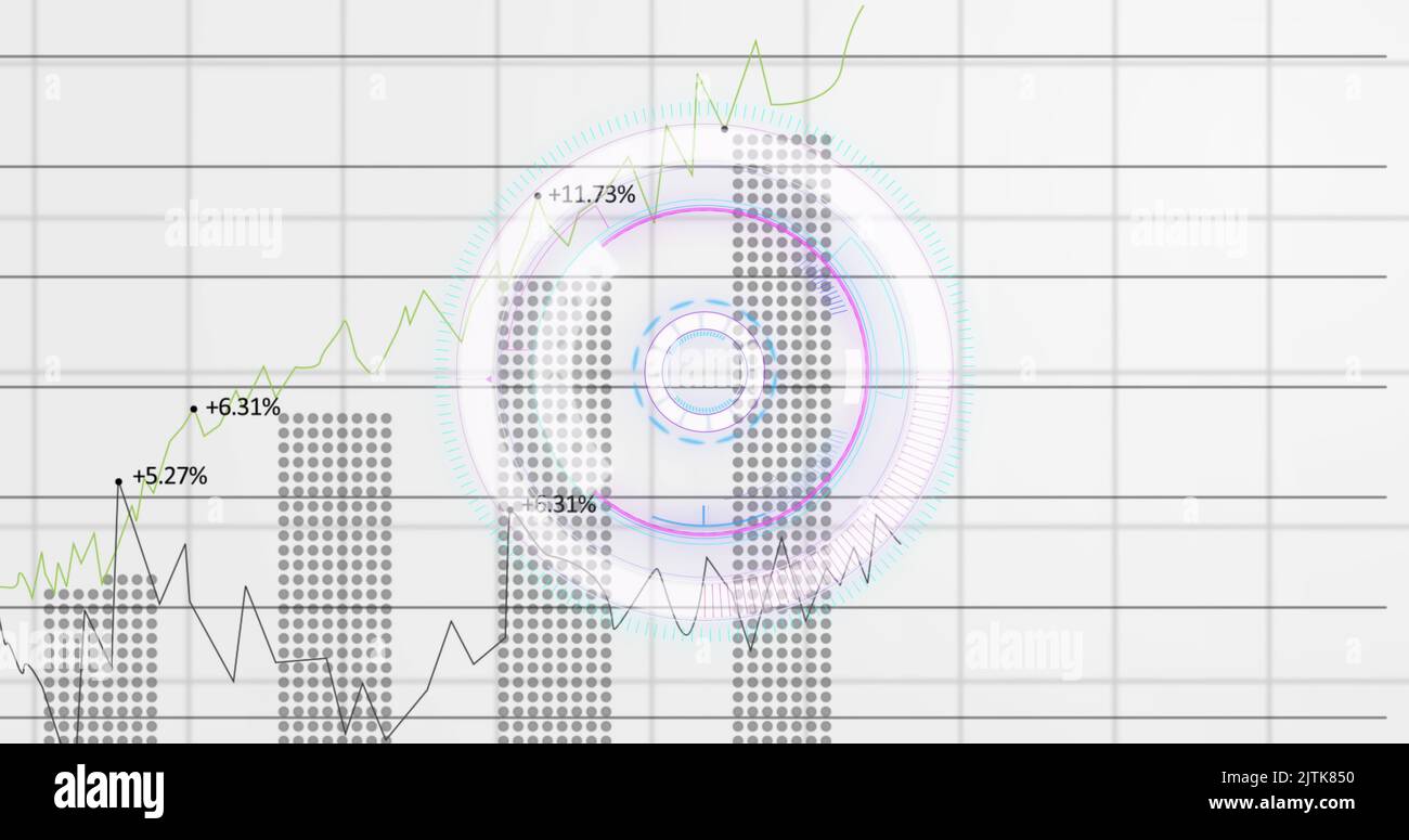 Image of round scanner over grid network against statistical data ... Image of round scanner over grid network against statistical data ...
