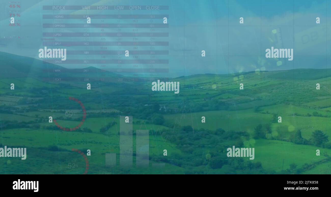 Image Of Statistical Data Processing Against Aerial View Of Grassland
