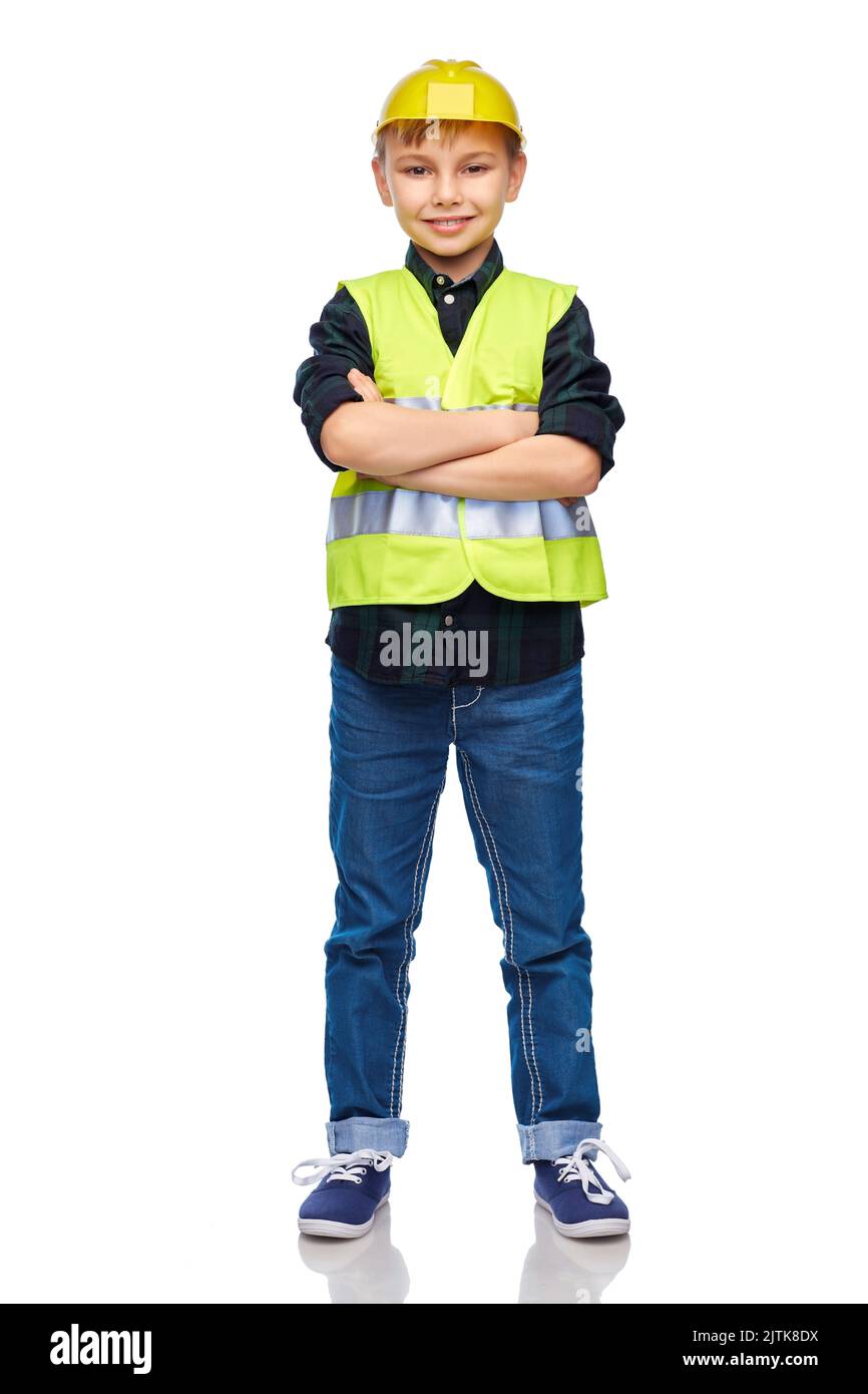 little boy in protective helmet and safety vest Stock Photo - Alamy