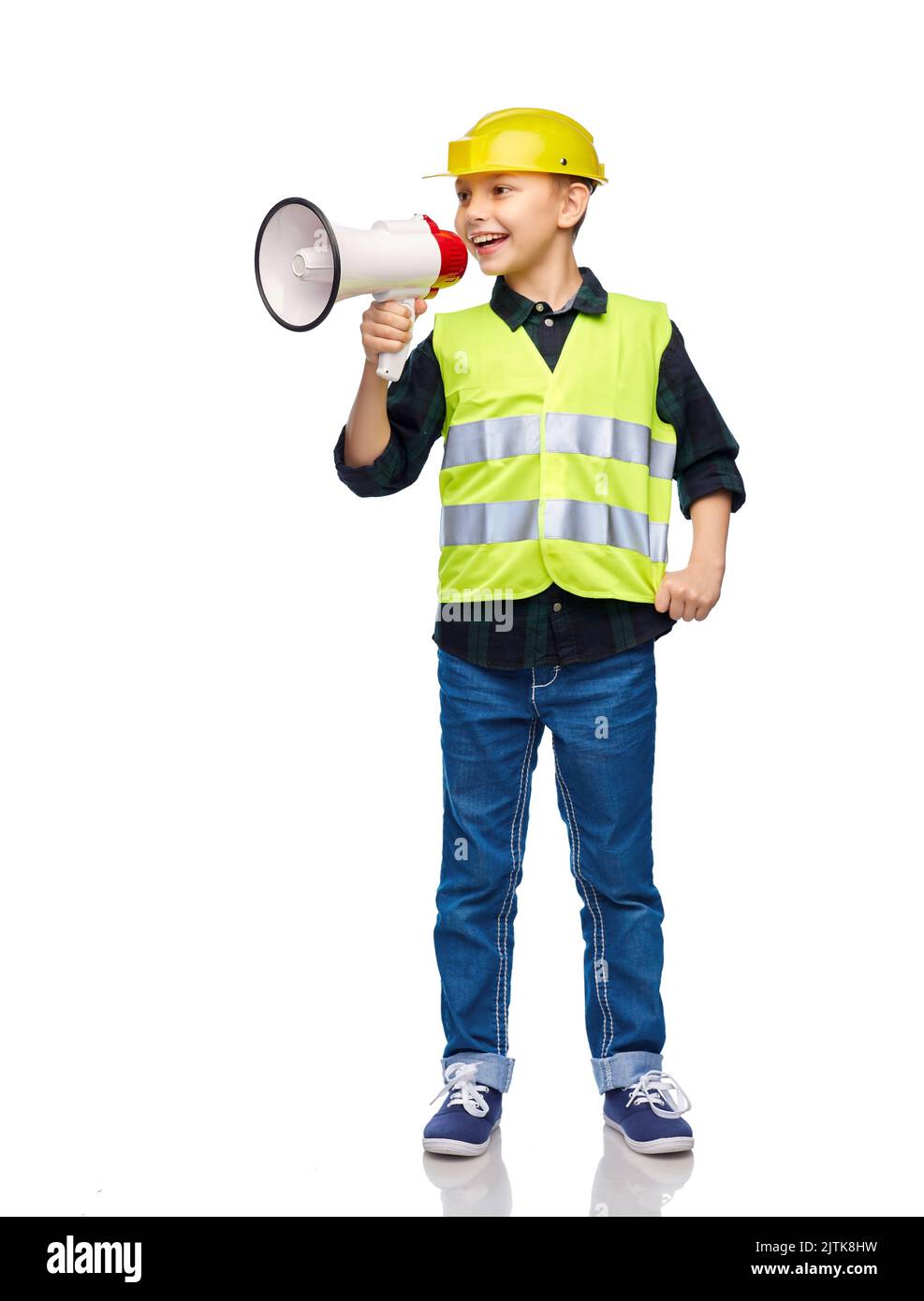boy in protective helmet talking to megaphone Stock Photo - Alamy