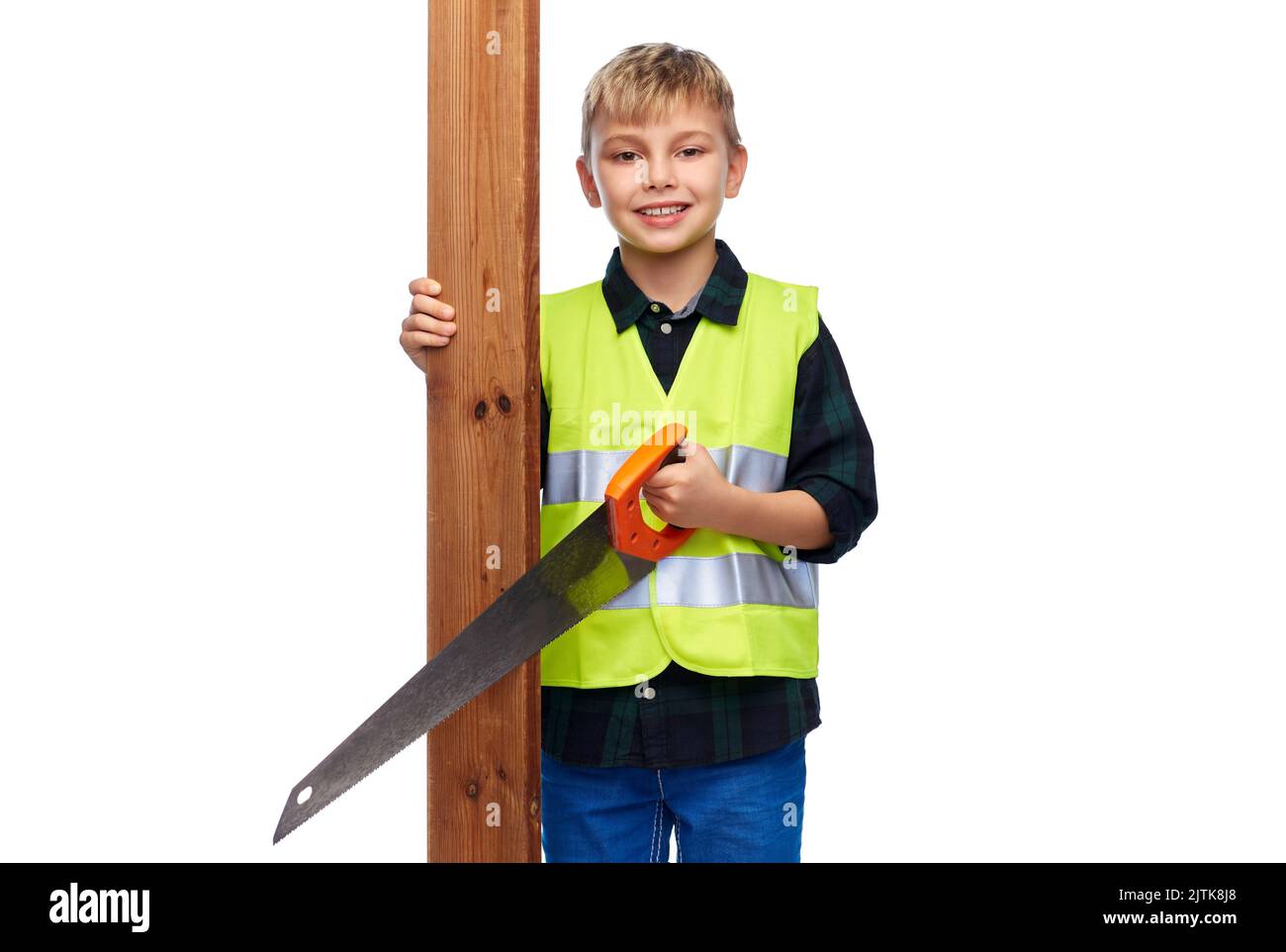 little boy in safety vest with saw and board Stock Photo - Alamy