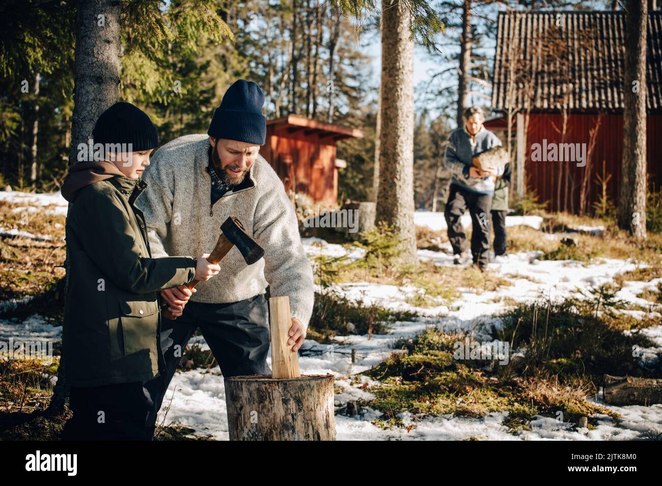 Father teaching son to cut log with axe in forest during winter Stock ...