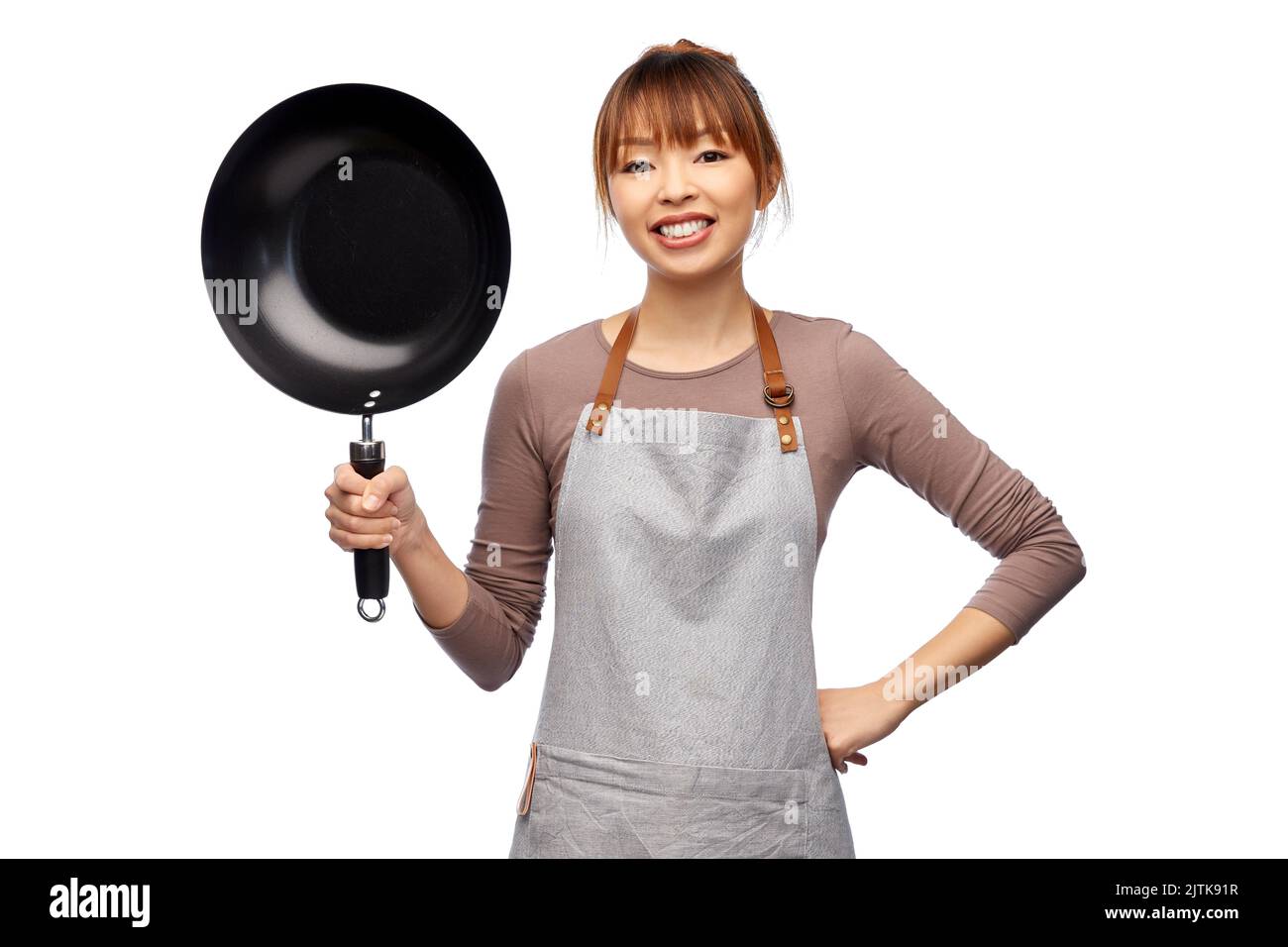 happy smiling female chef with frying pan Stock Photo - Alamy