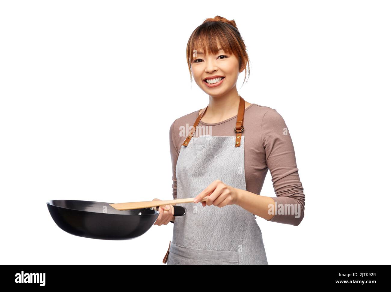 happy smiling female chef with frying pan Stock Photo - Alamy
