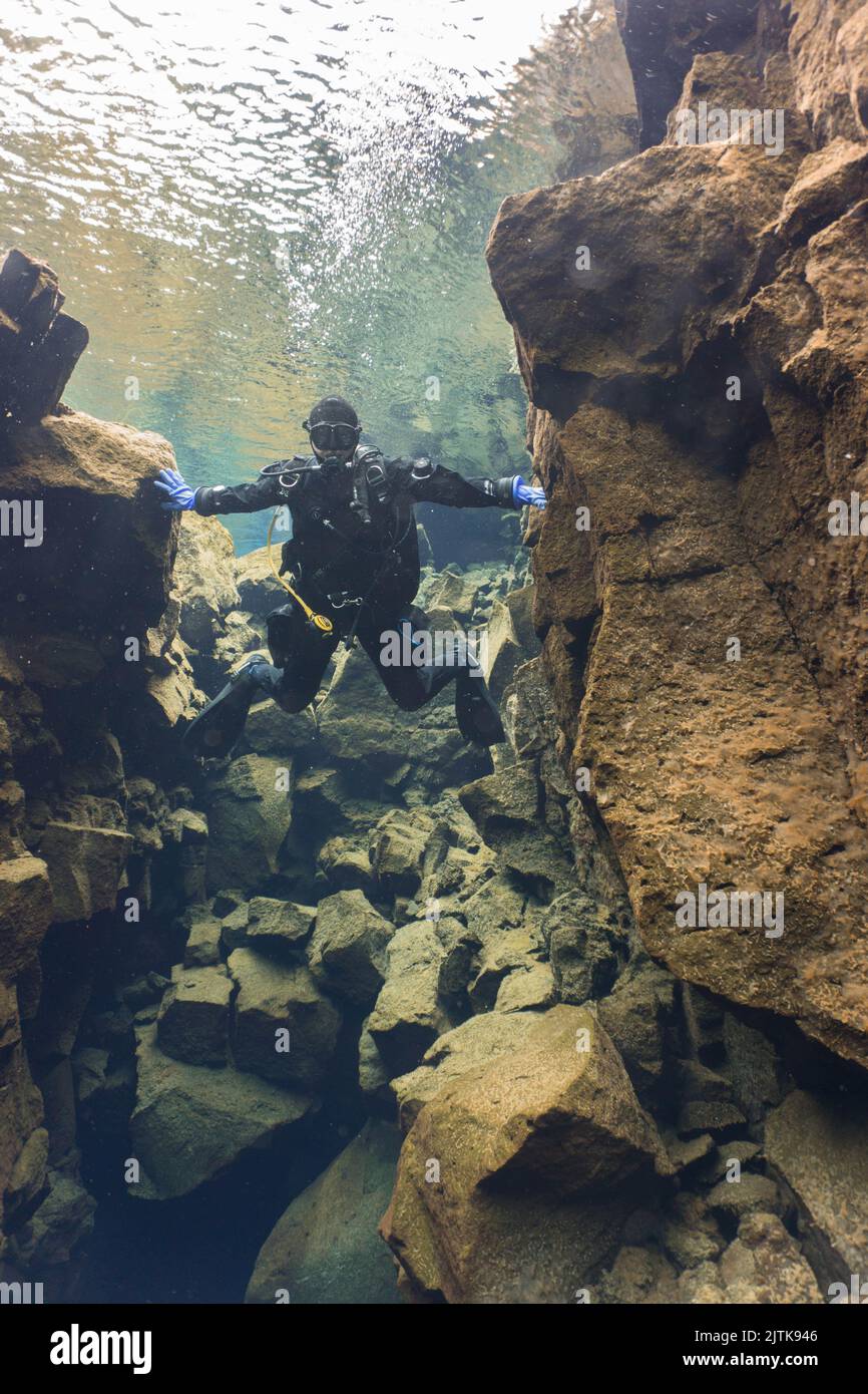 A person diving underwater in Silfra, Iceland Stock Photo - Alamy