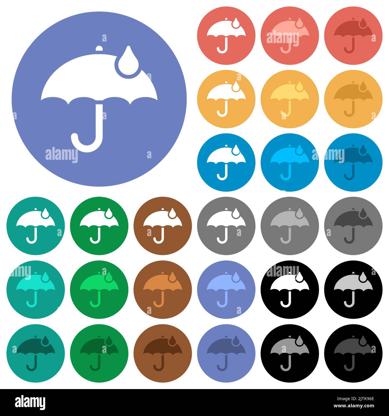 Umbrella with single raindrop solid multi colored flat icons on round backgrounds. Included ...