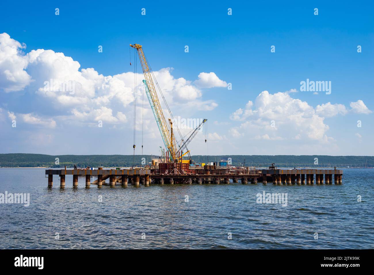Construction of a bridge over the Volga River. The bridge is part of ...