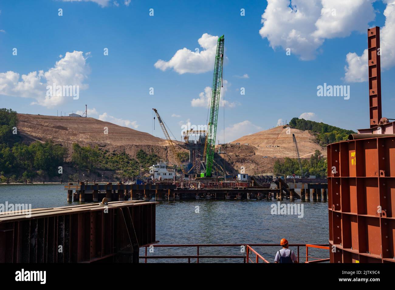 Construction of a bridge over the Volga River. The bridge is part of ...