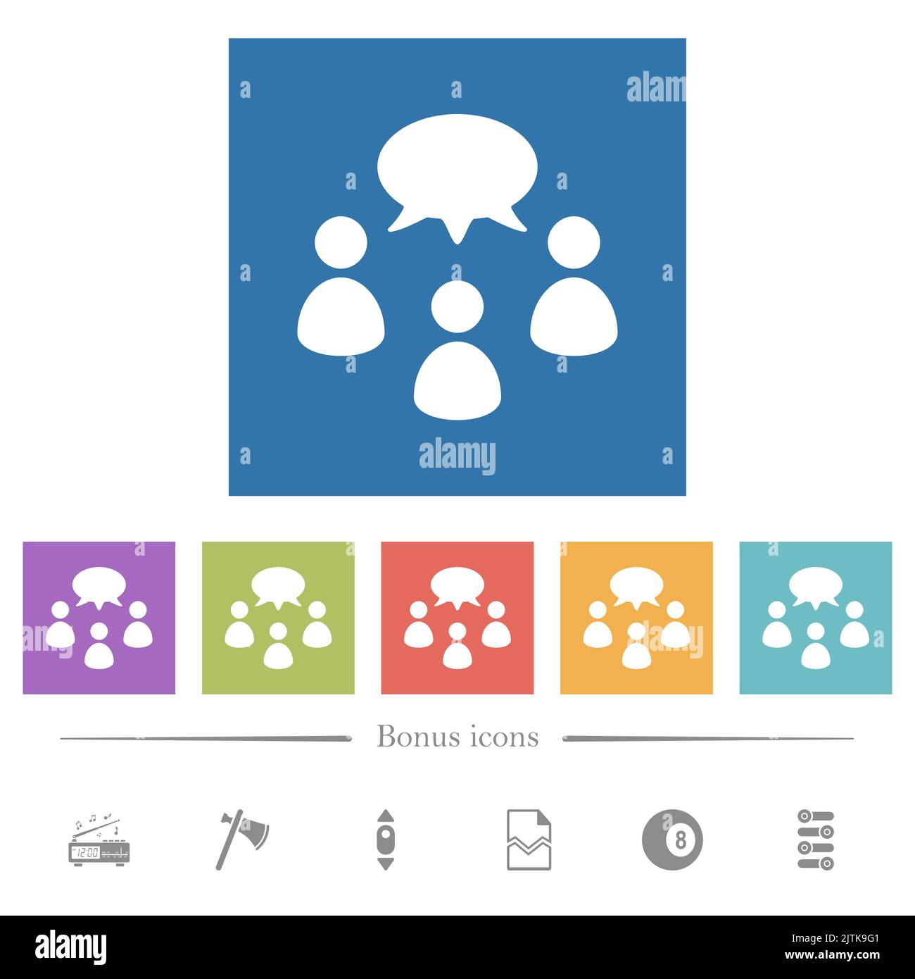 Three talking persons with oval bubble solid flat white icons in square ...