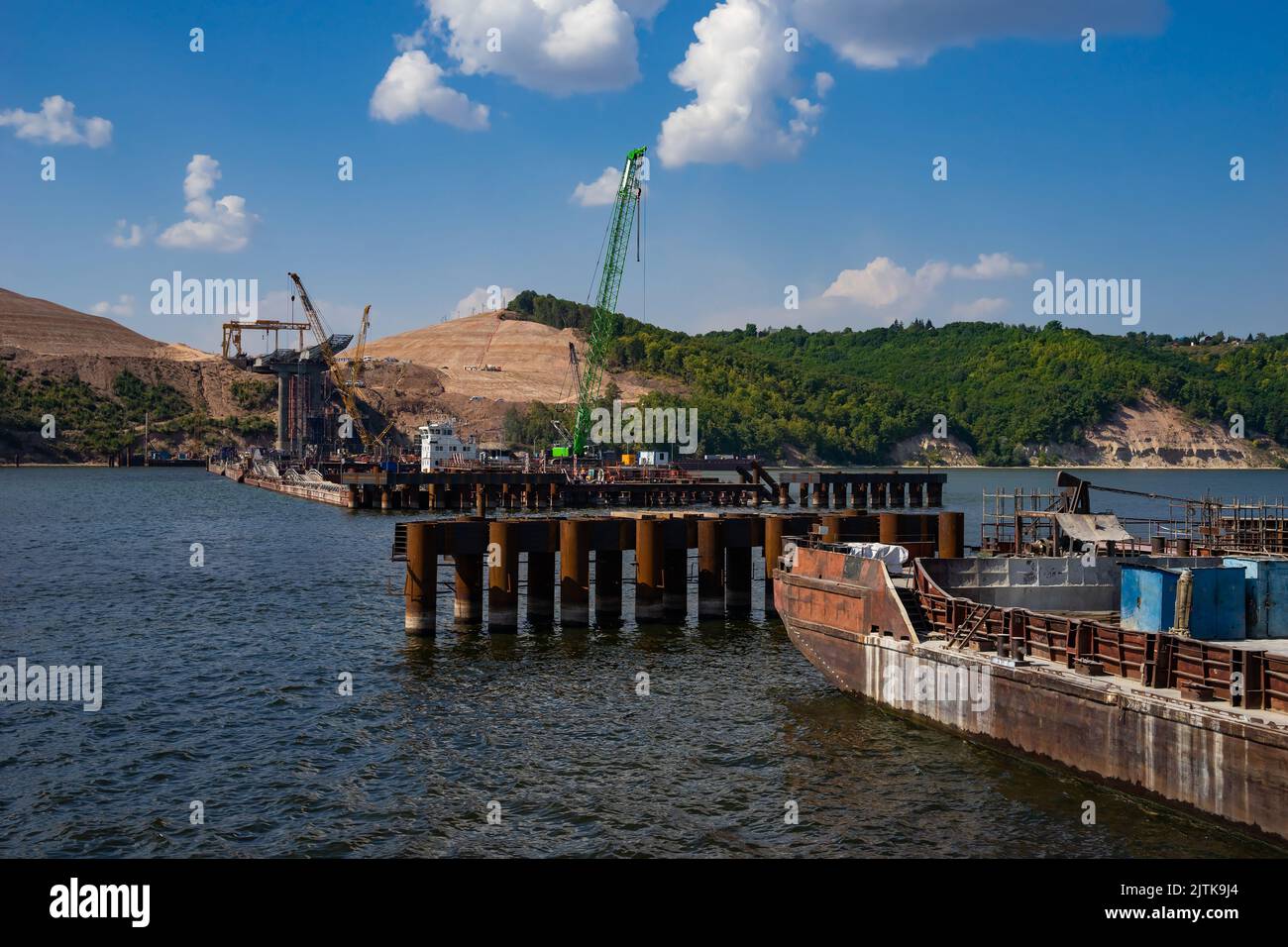 Construction of a bridge over the Volga River. The bridge is part of ...