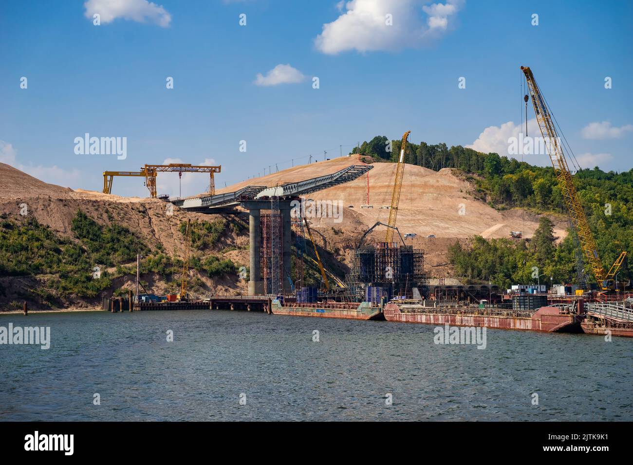 Construction of a bridge over the Volga River. The bridge is part of ...