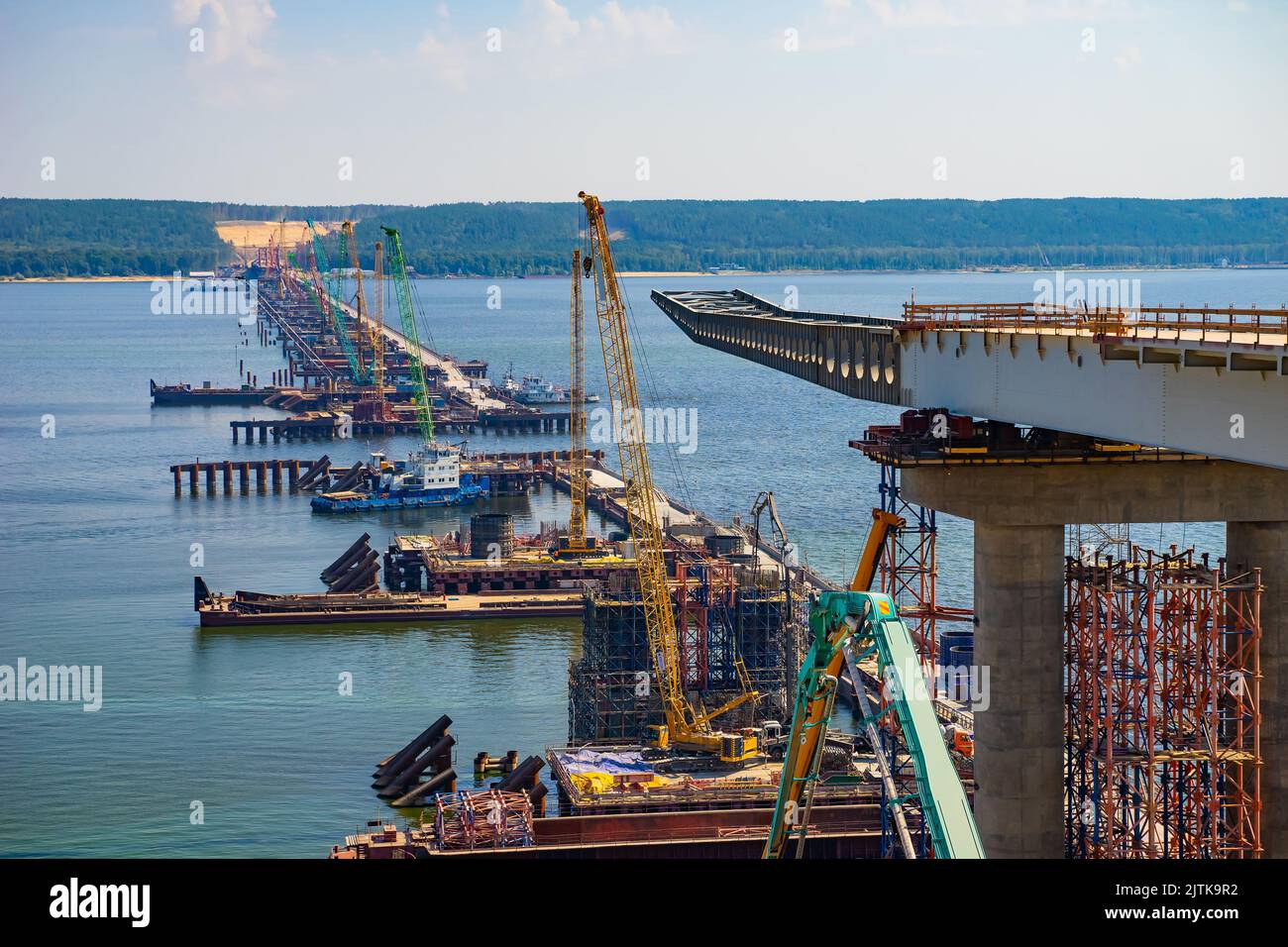 Construction of a bridge over the Volga River. The bridge is part of ...