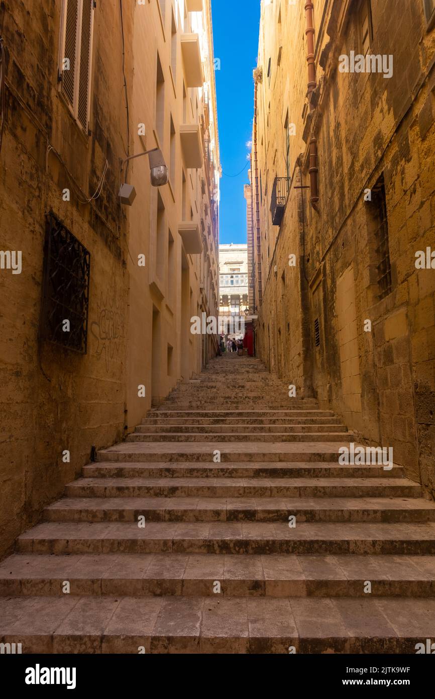 Valletta, Malta, 22 May 2022: Stairs of a street in Valletta old town ...