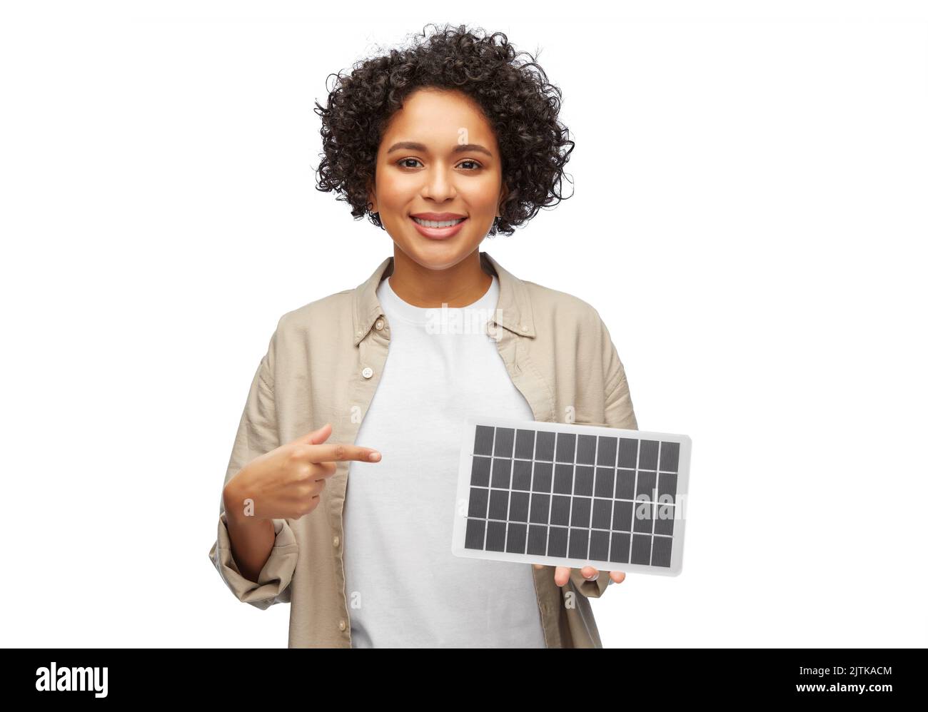 happy smiling woman with solar battery model Stock Photo - Alamy