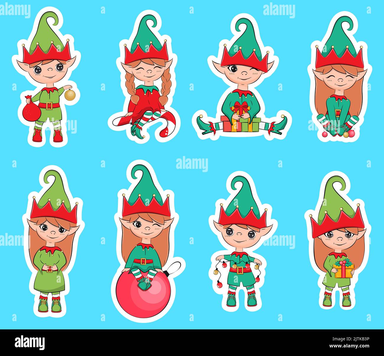 Cute little Santa helpers stickers pack. Christmas elf. Vector ...