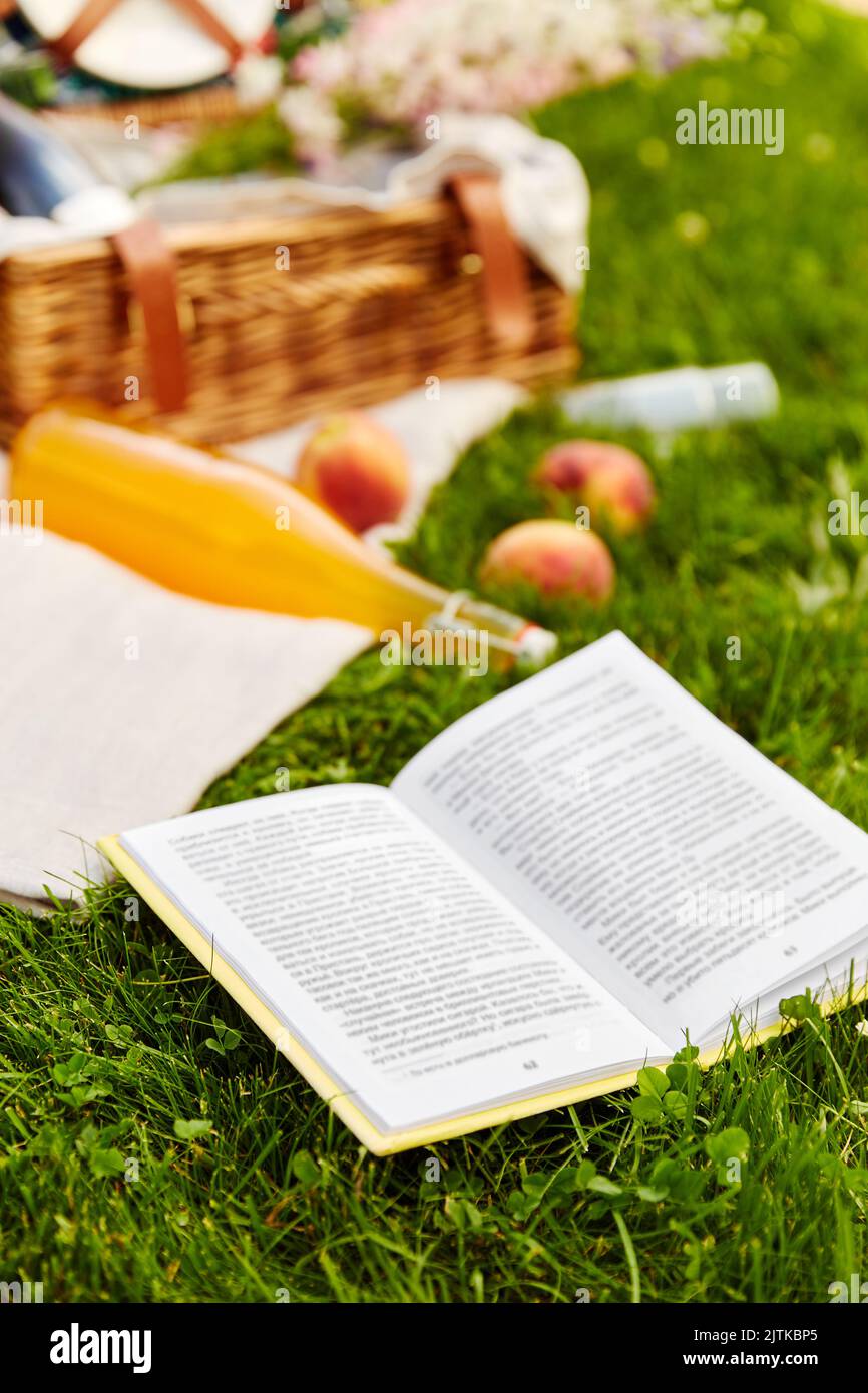 close up of open book on picnic in summer park Stock Photo - Alamy
