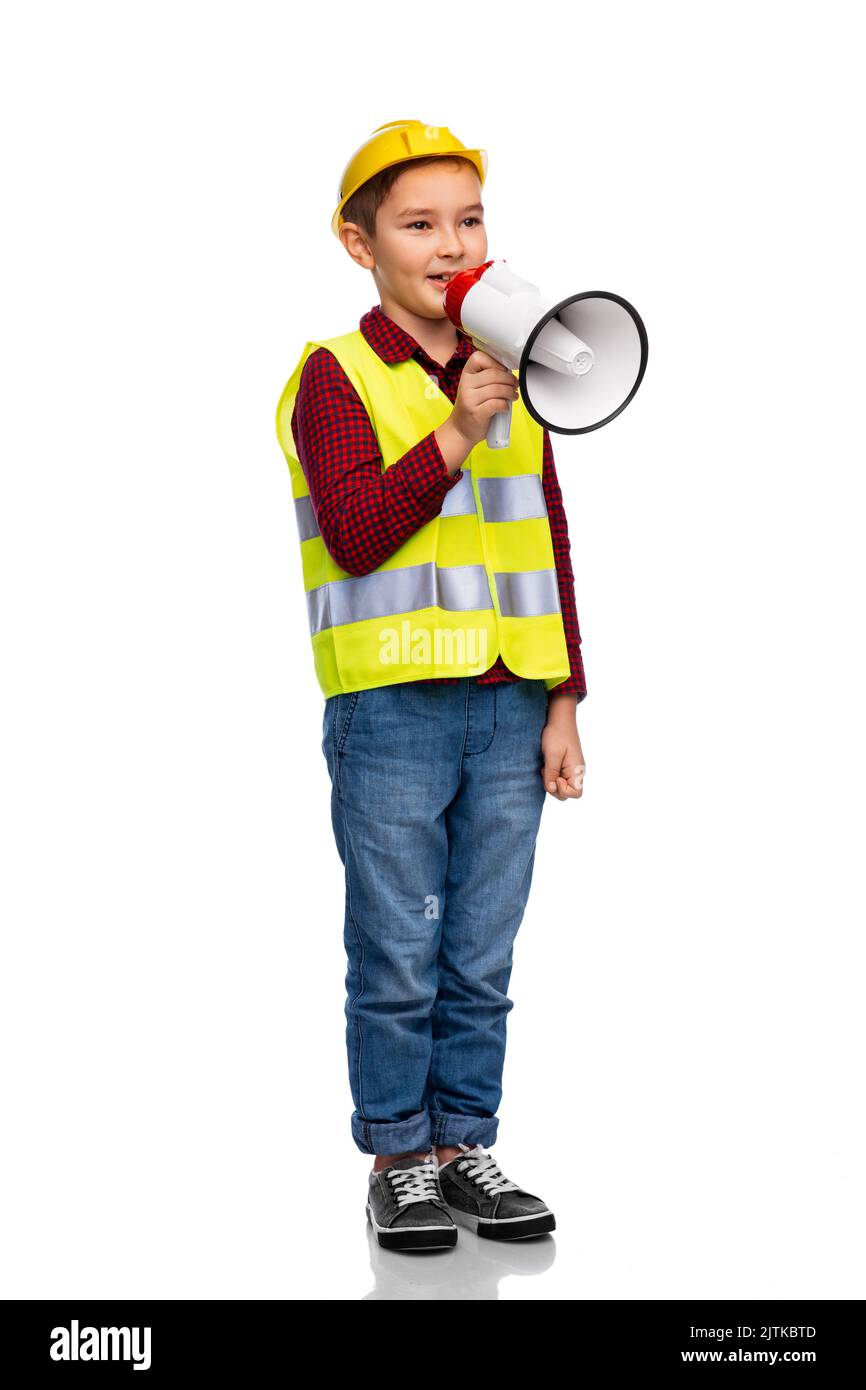 boy in protective helmet talking to megaphone Stock Photo - Alamy