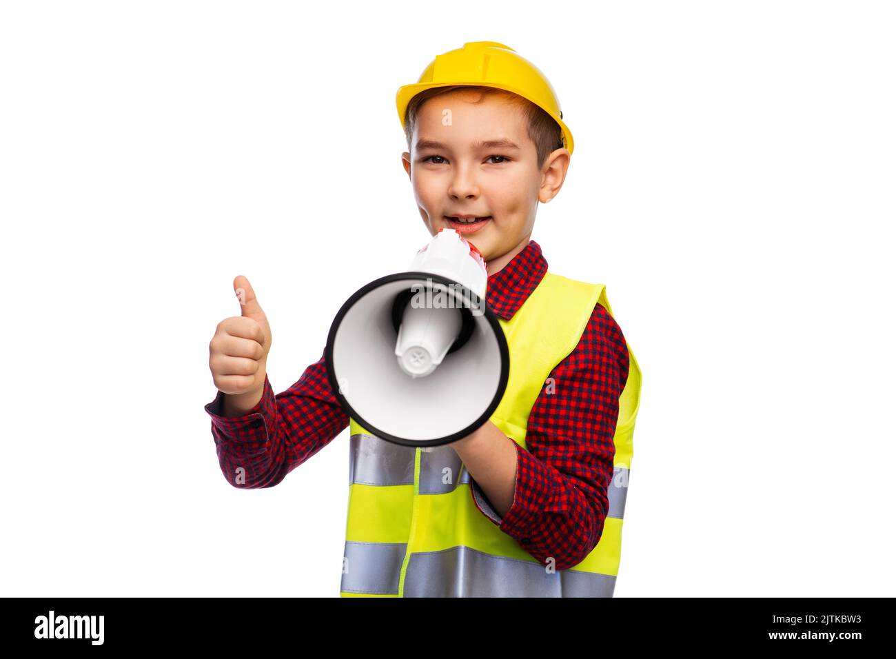 boy in helmet with megaphone showing thumbs up Stock Photo - Alamy