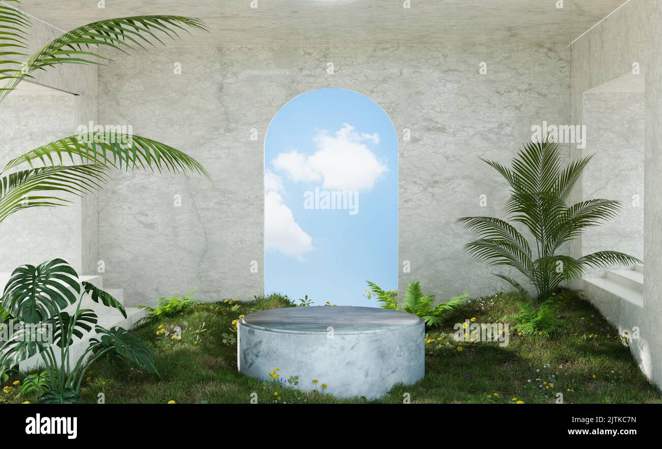 Cement podium stage mock up design in nature room, 3D illustration ...