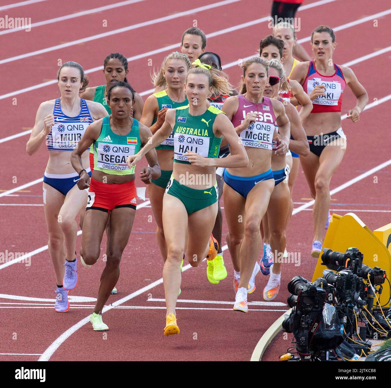 Laura Muir, Linden Hall and Gudaf Tsegay competing in the women’s 1500m semi final at the World ...