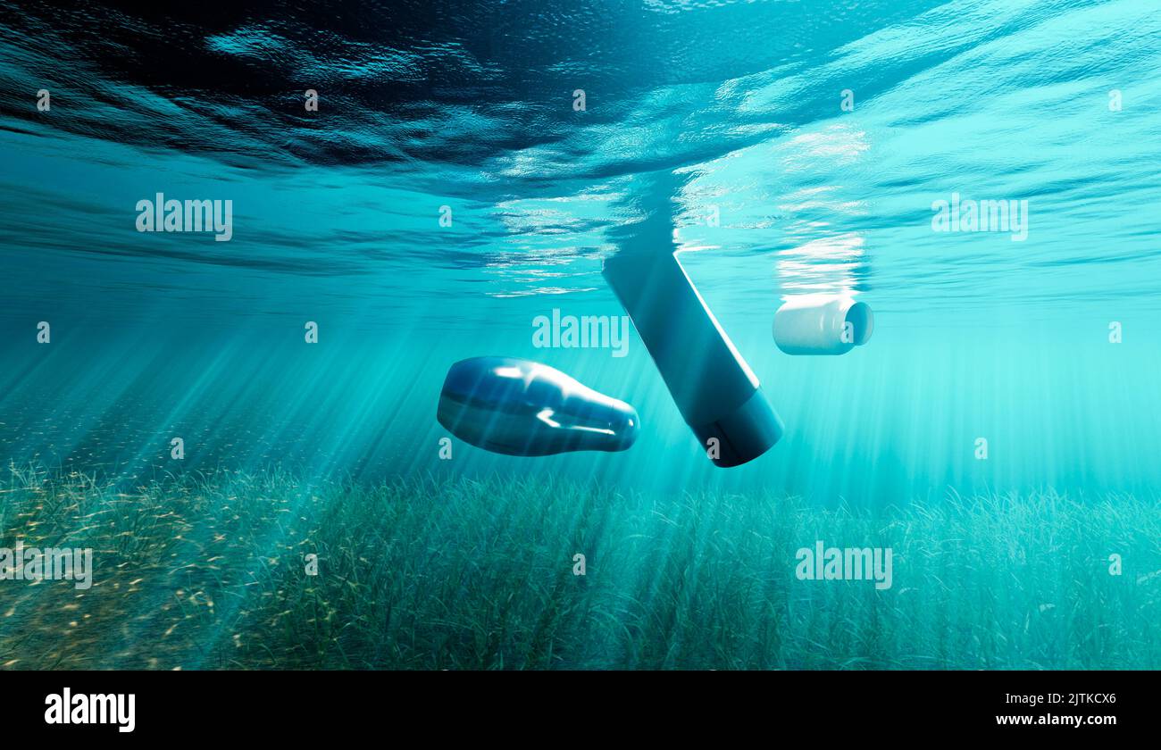 Sea pollution and dirty beach and water, 3D illustration rendering ...