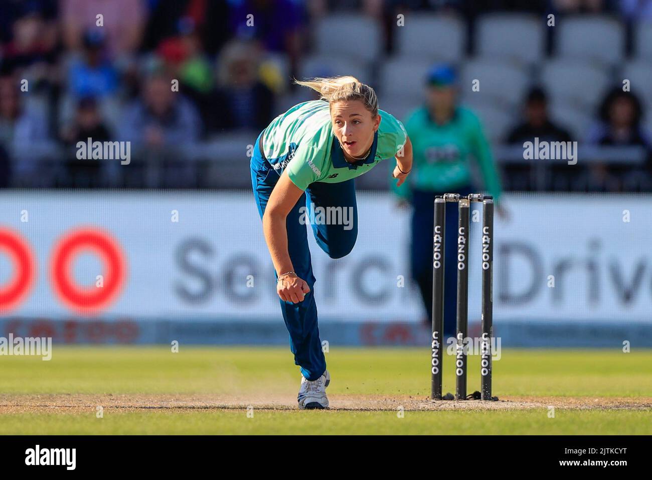 Eva Gray of Oval Invincibles in bowling action Stock Photo - Alamy