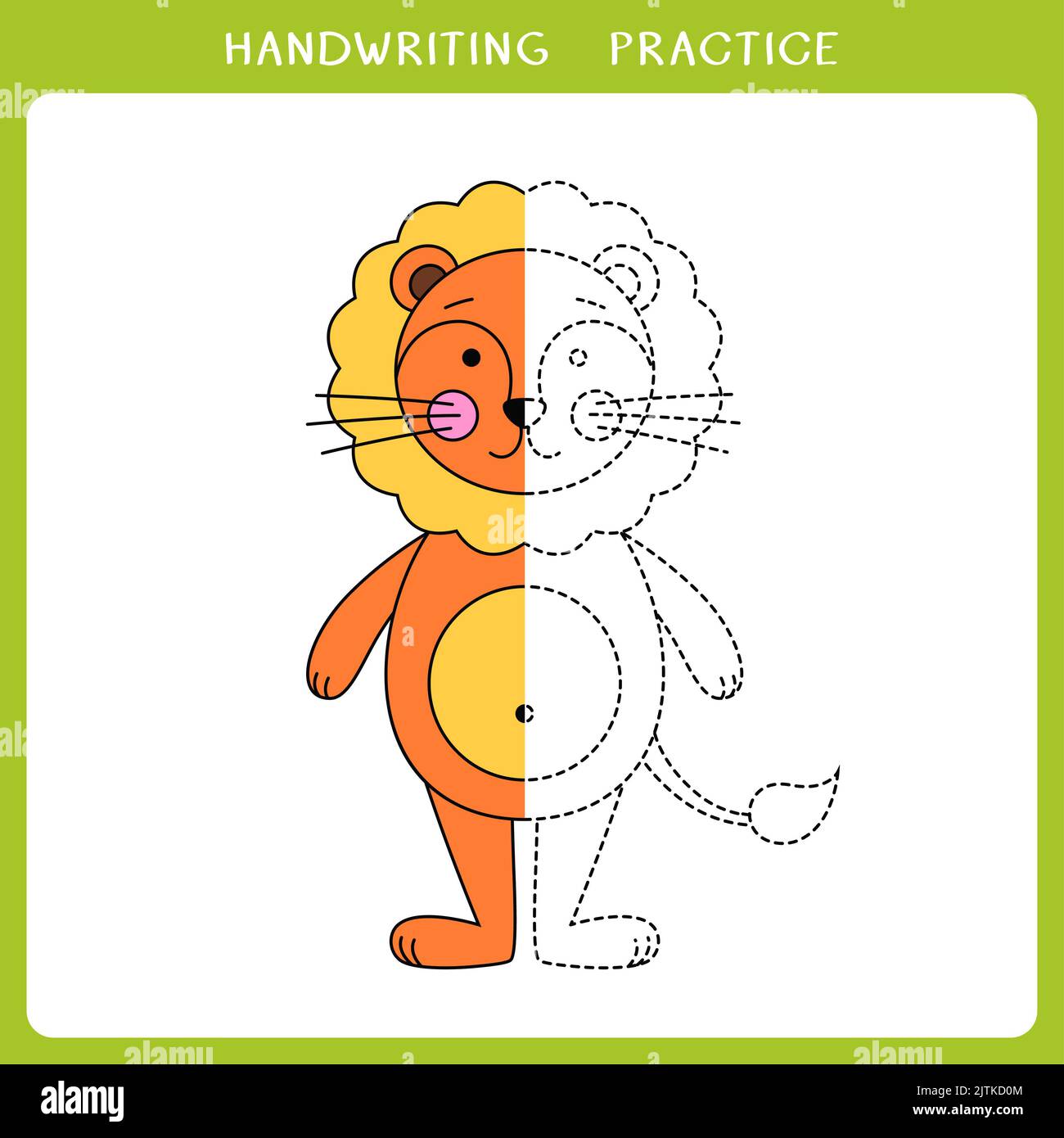 Handwriting practice worksheet with cute lion for coloring book Stock ...