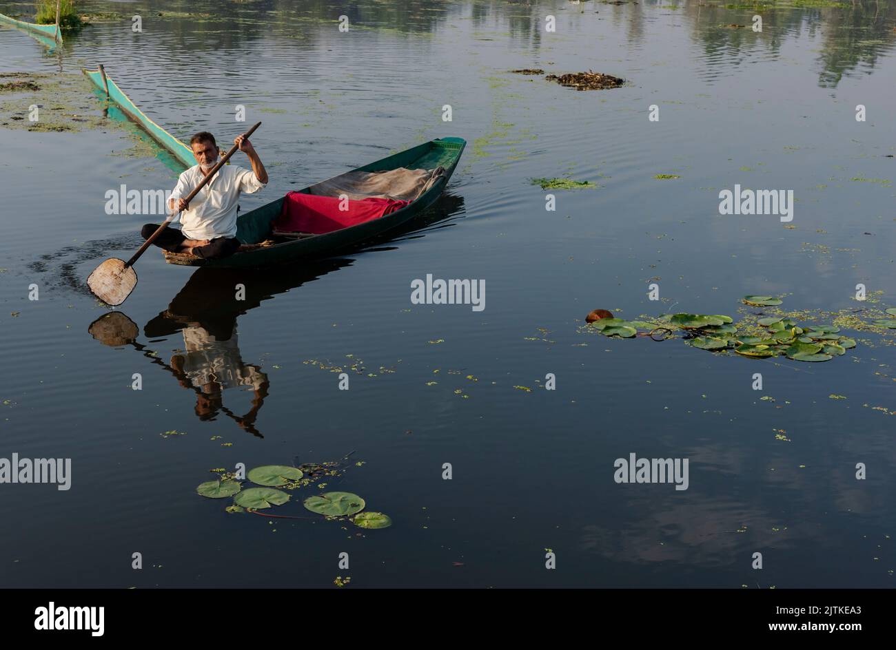 Srinagar, India - 31 Aug 2022. A boatman rows his boat on a sunny ...