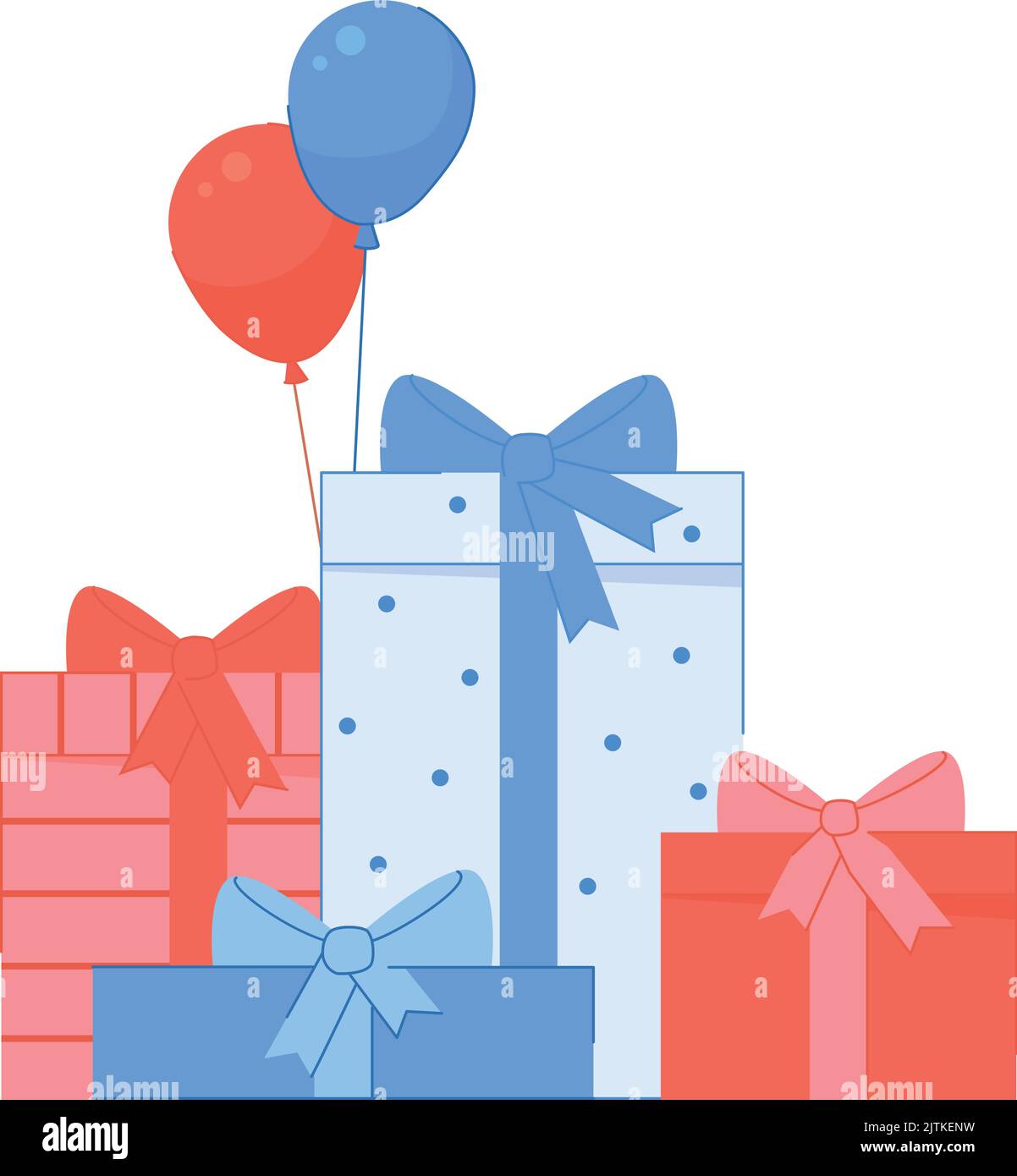 Present box pile. Birthday gifts decorated balloon isolated on white ...