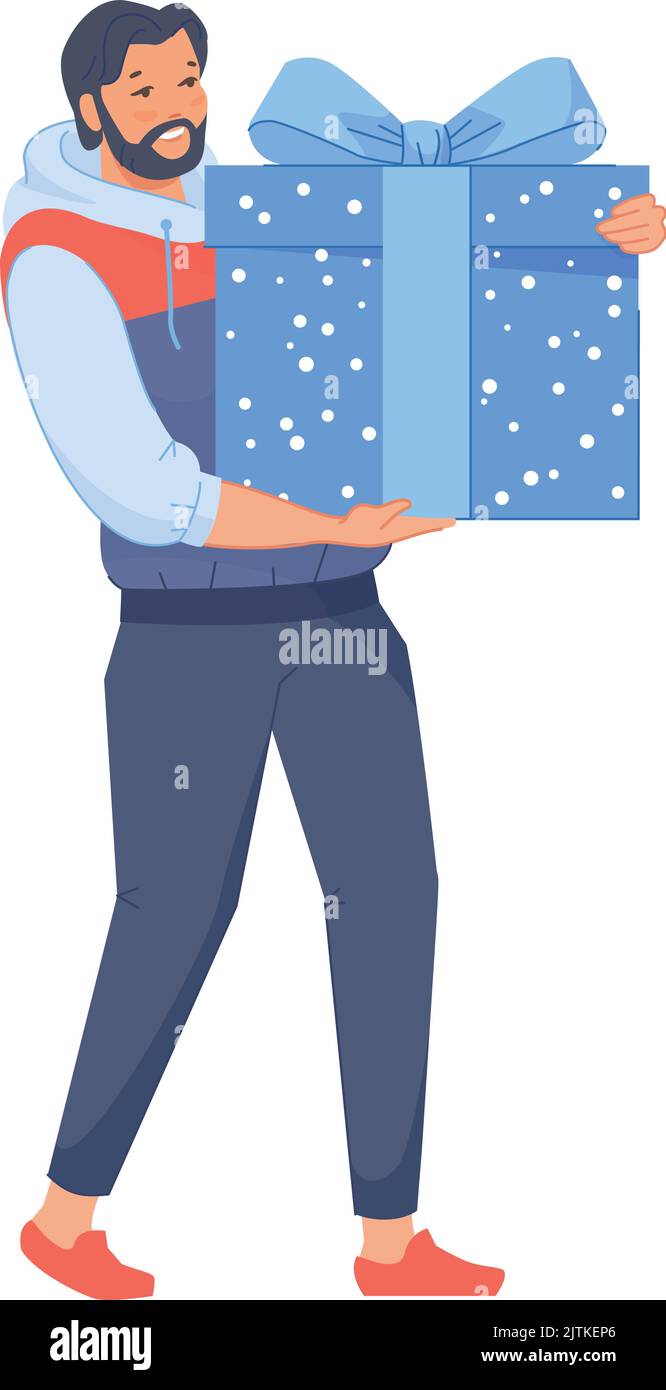 Man carrying giant gift box. Guy holding present isolated on white ...