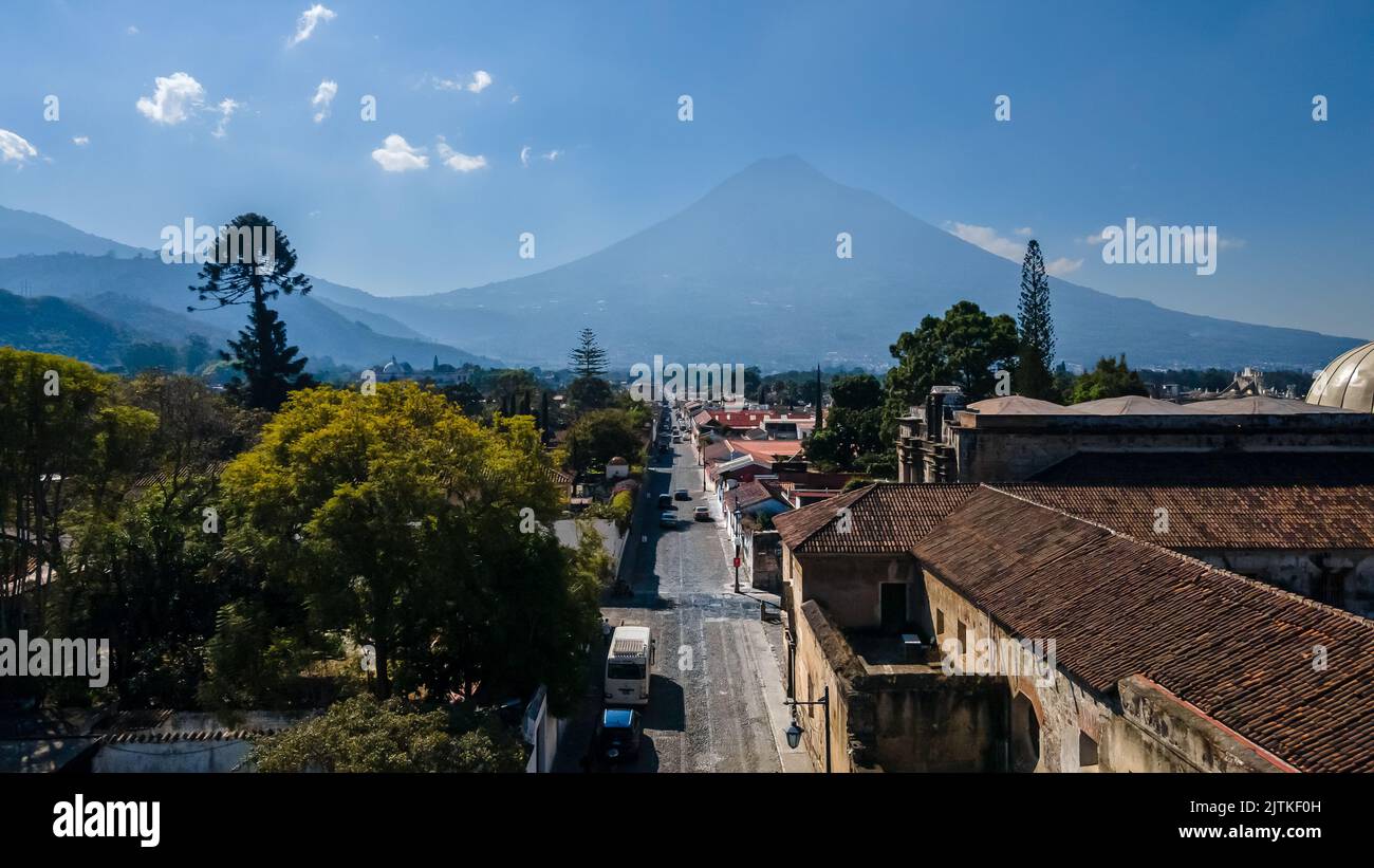 Beautiful aerial cinematic footage of the Antigua City in Guatemala ...