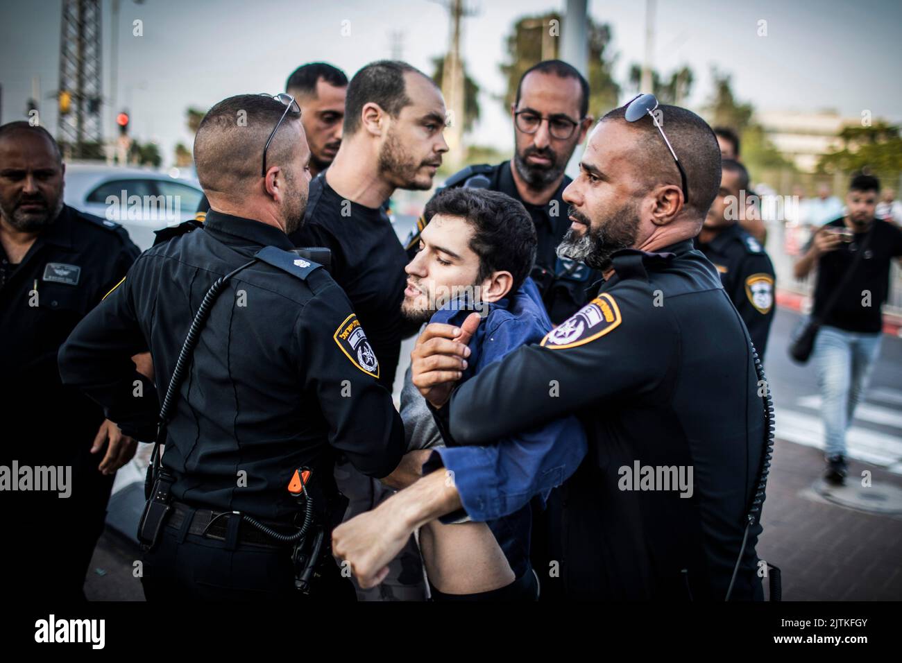 31 August 2022, Israel, Be'er Ya'akov: Police arrest an Israeli left ...