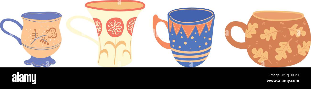 Decorative ceramic cups. Cozy cute scandinavian mug set isolated on ...