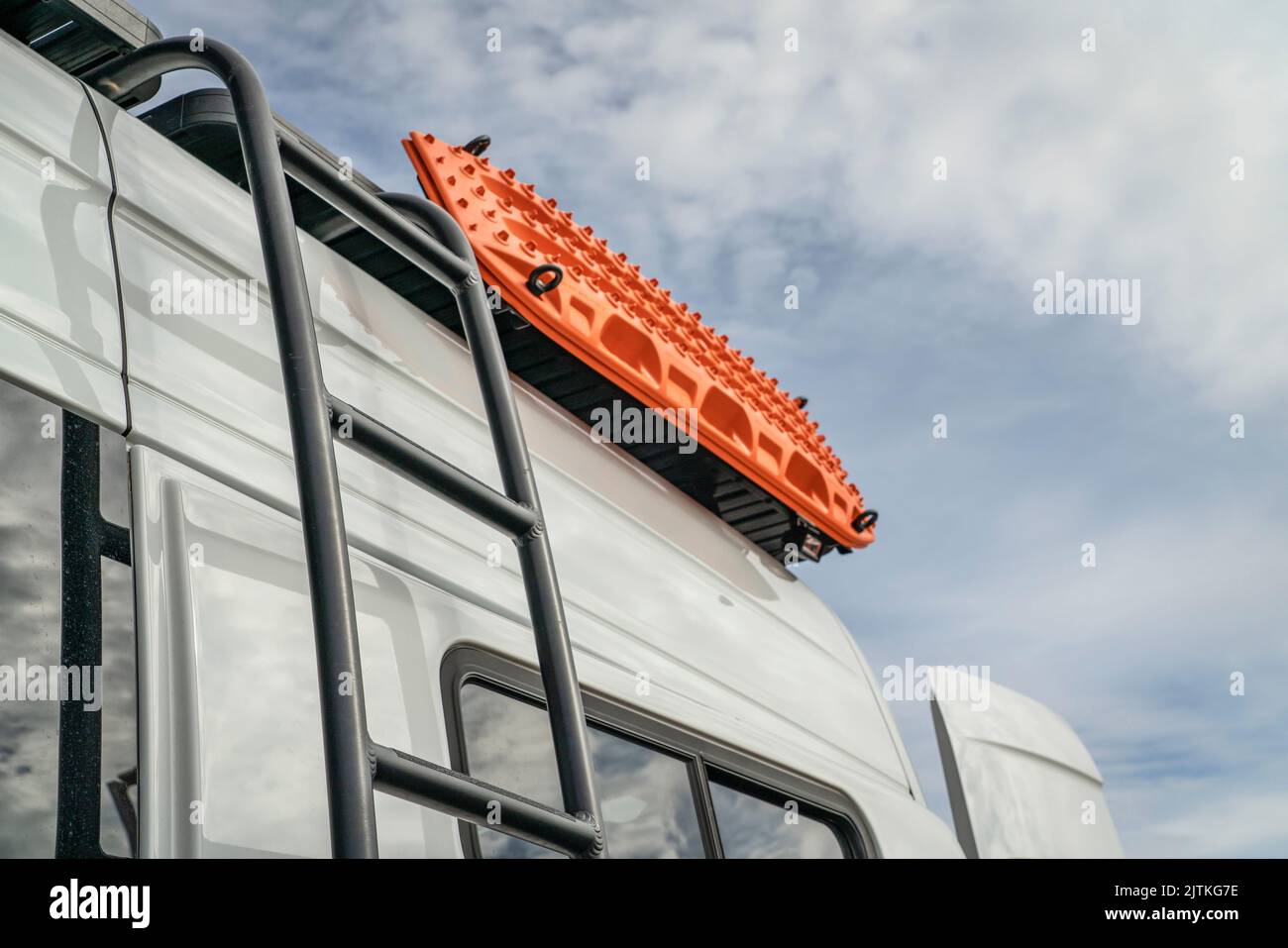 detail of 4x4 camper van with a ladder, roof racks and recovery ladders ...