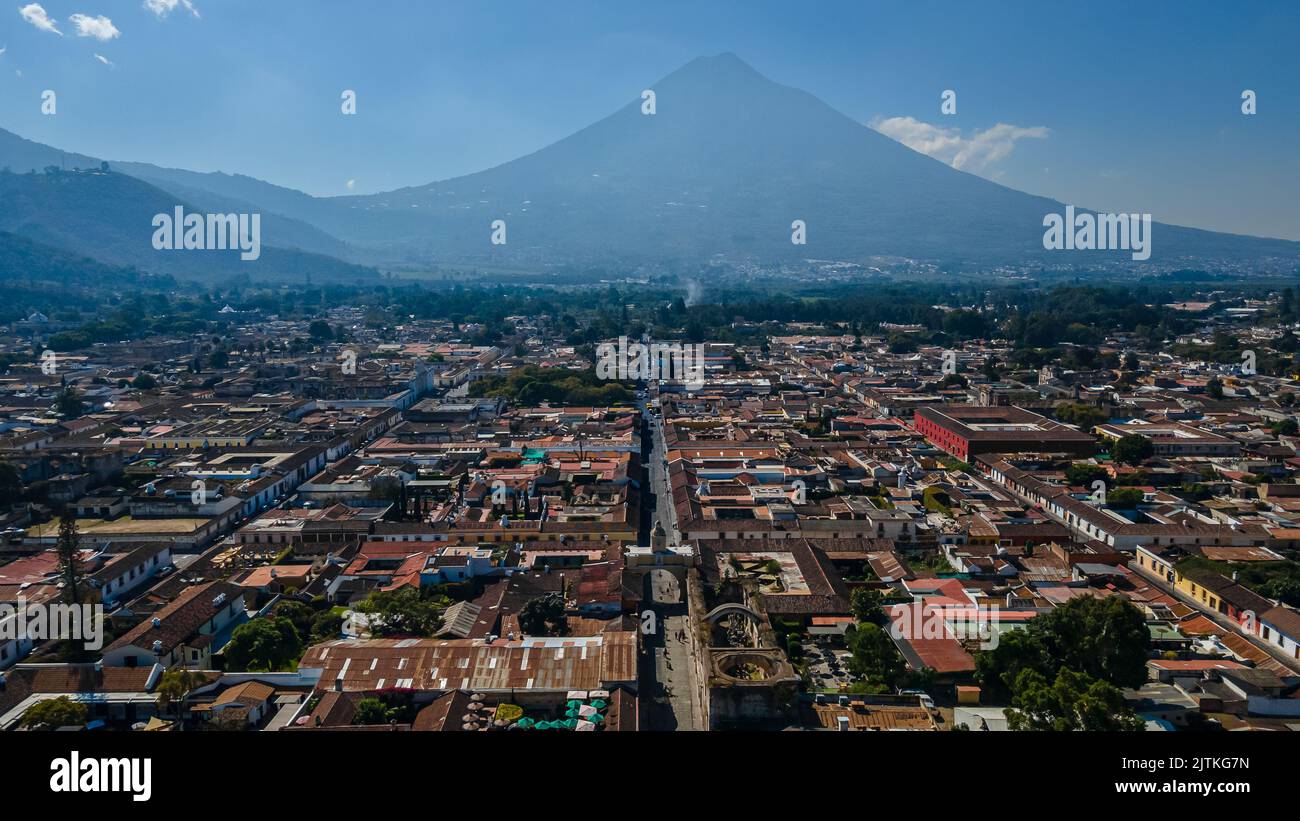 Beautiful aerial cinematic footage of the Antigua City in Guatemala ...