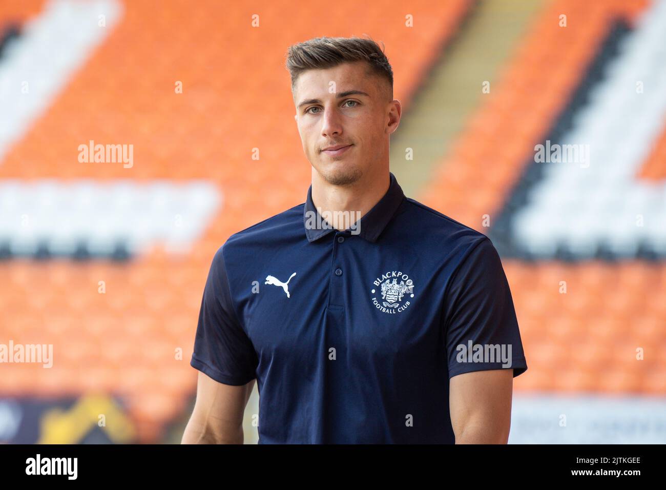 Stuart Moore #13 of Blackpool arrives at Bloomfield Road Stock Photo ...