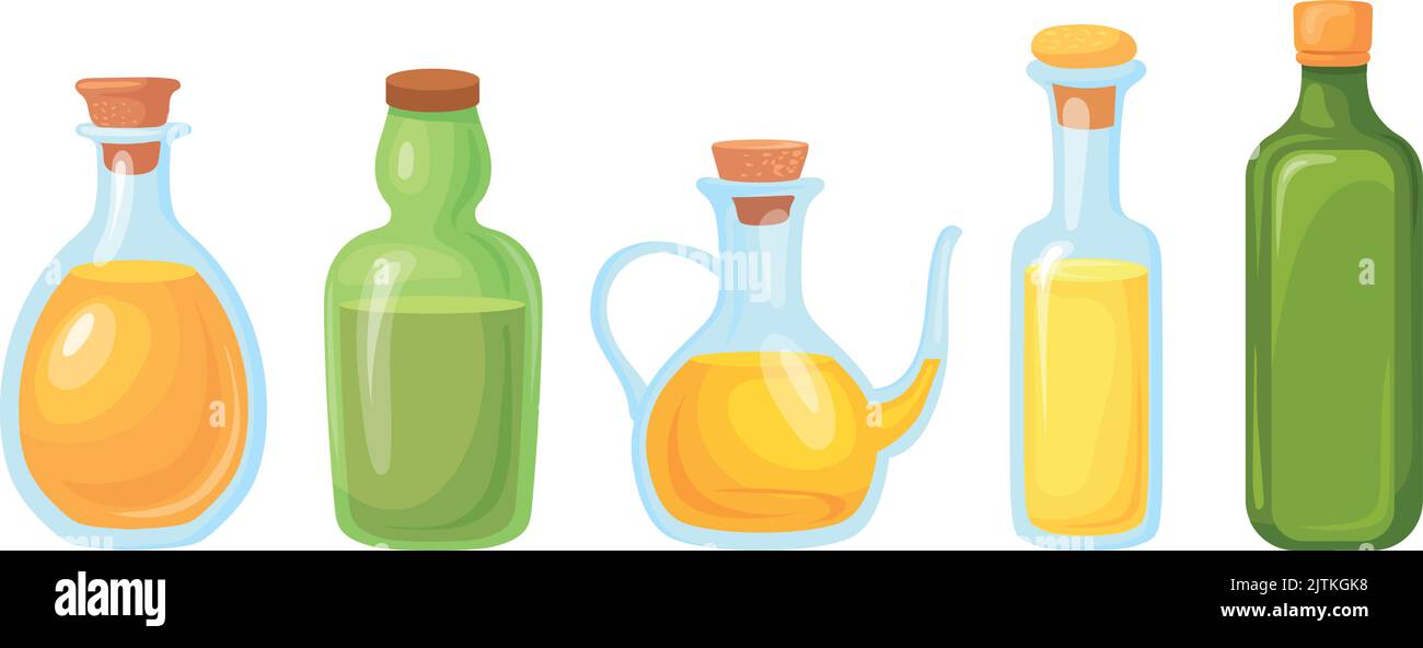 Salad dressing glass bottles. Cartoon virgin oil set isolated on white ...