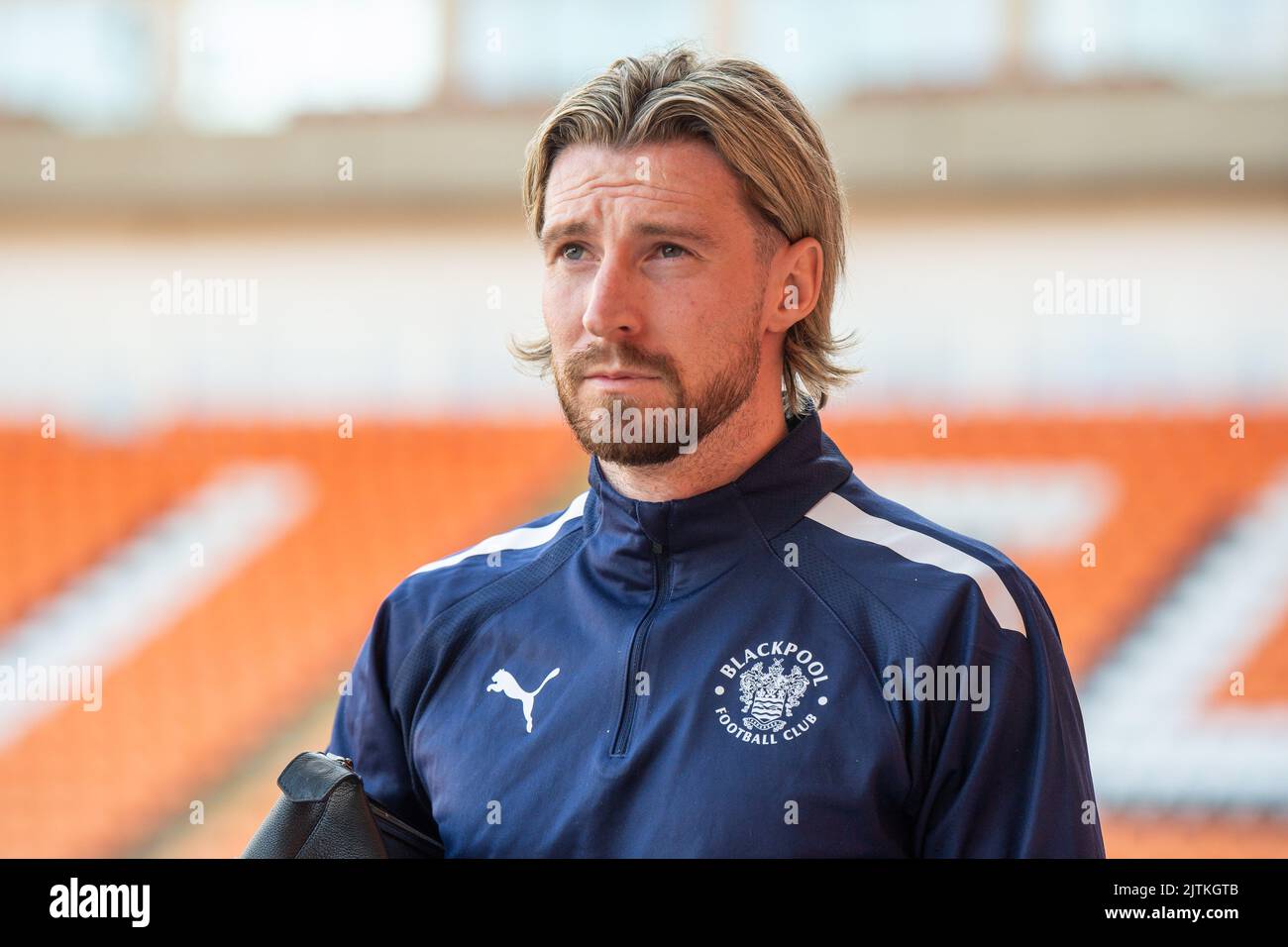 James Husband #3 of Blackpool arrives at Bloomfield Road, in, on 8/31 ...