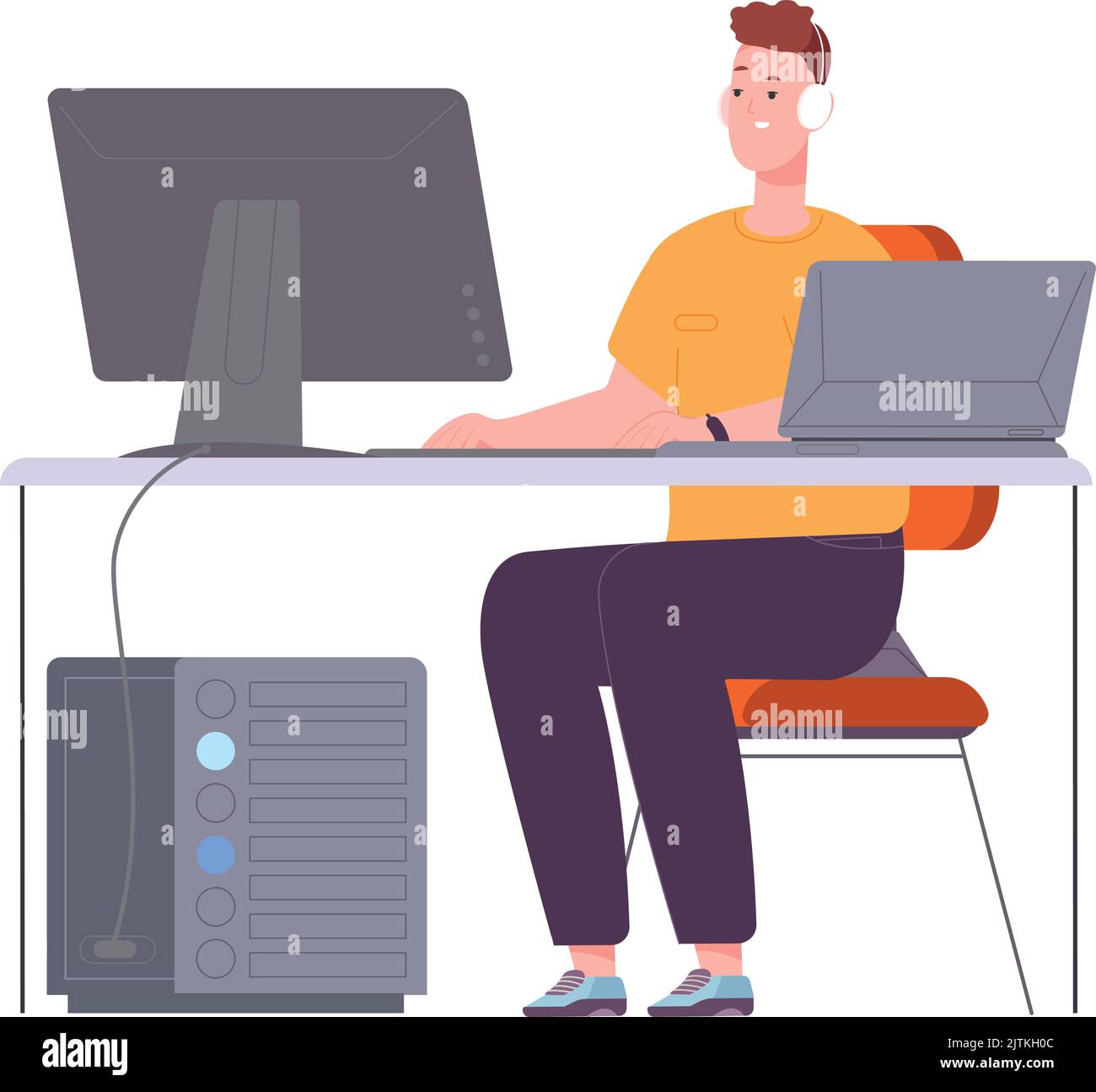 Man Working On Computer And Laptop Programmer Workplace Isolated On