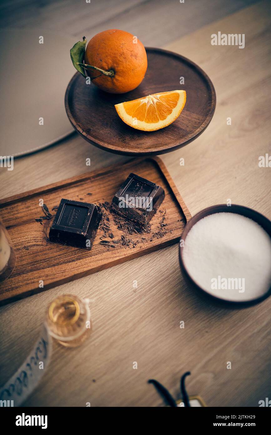 Orange ad chocolate still life Stock Photo - Alamy